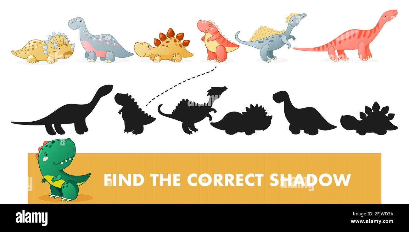 Find the correct shadow. Kids educational game with dino. Cute dinosaur ...