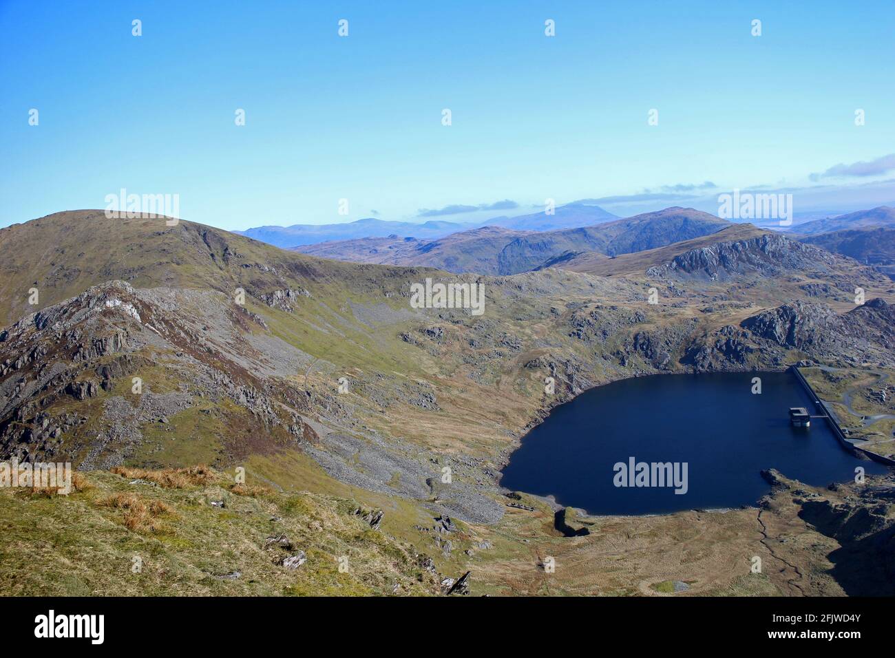 Views of Llyn Stwlan reservoir and dam from summit of Moelwyn Bach ...