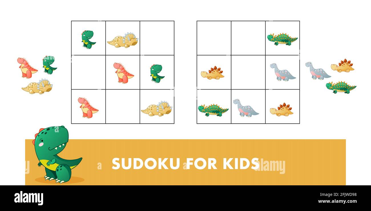 Sudoku for kids. Children educational game with dino. Cute dinosaur ...