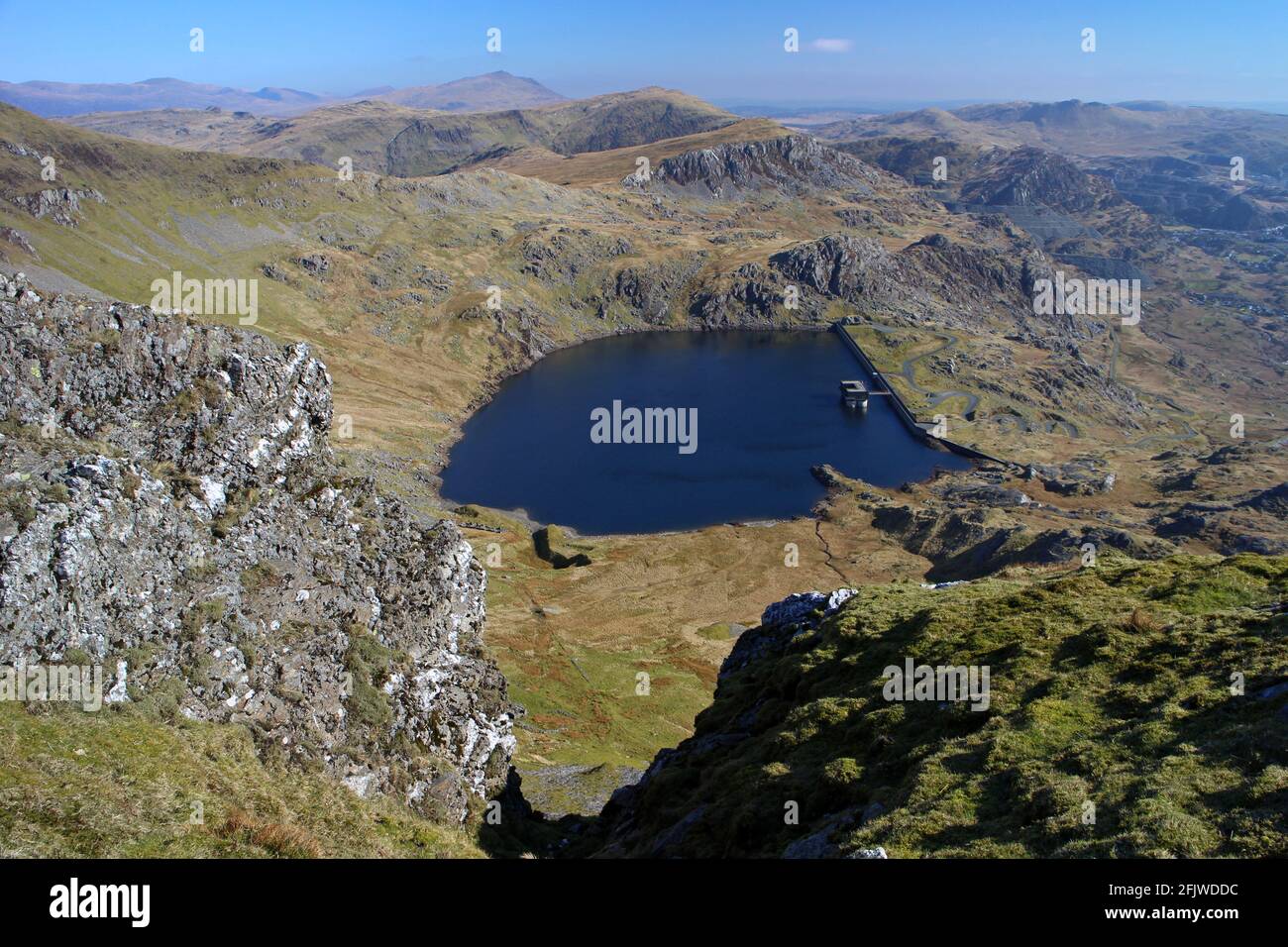 Views of Llyn Stwlan reservoir and dam from summit of Moelwyn Bach ...