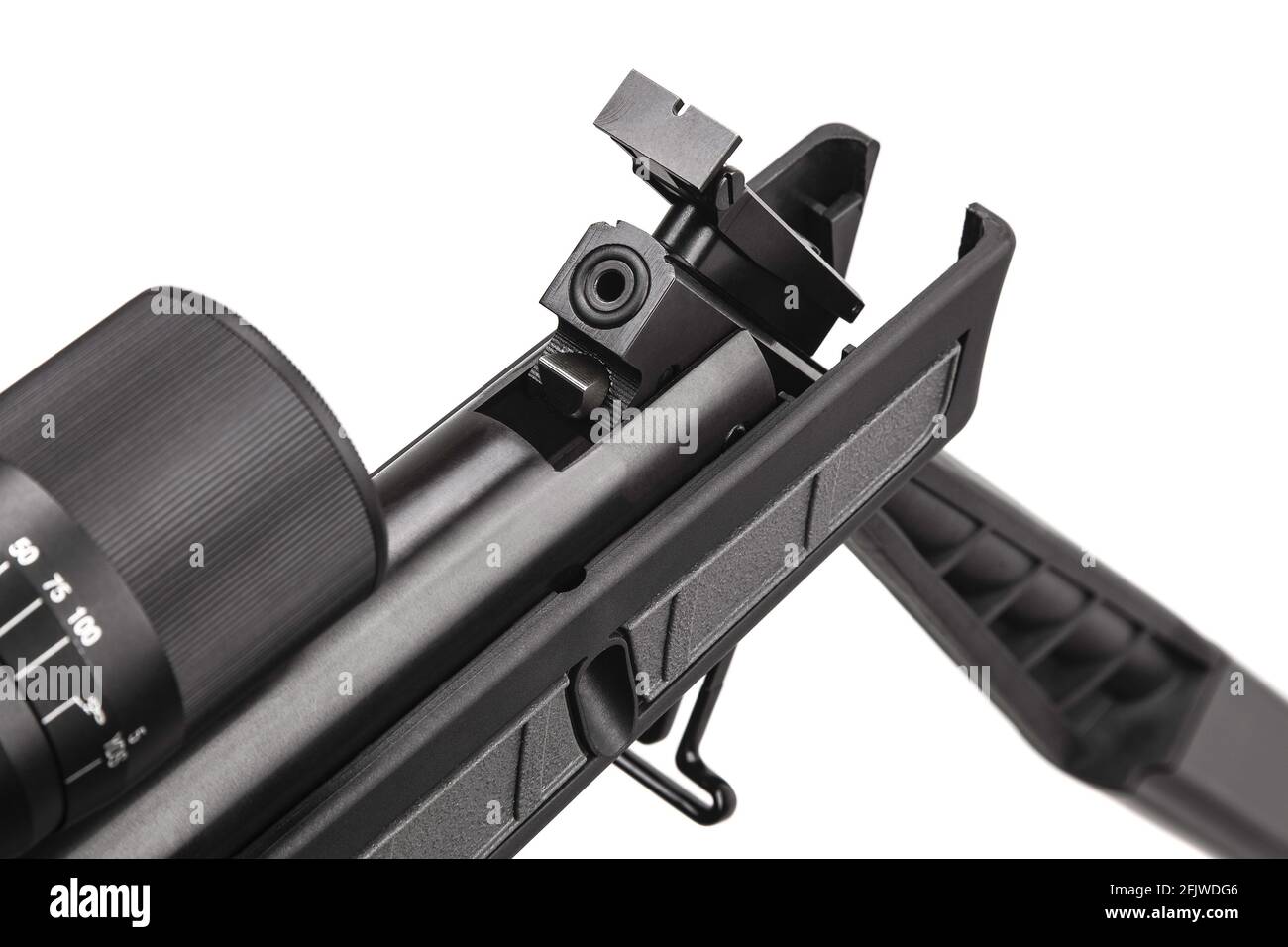 Black pneumatic rifle with an optical sight isolated on white ...