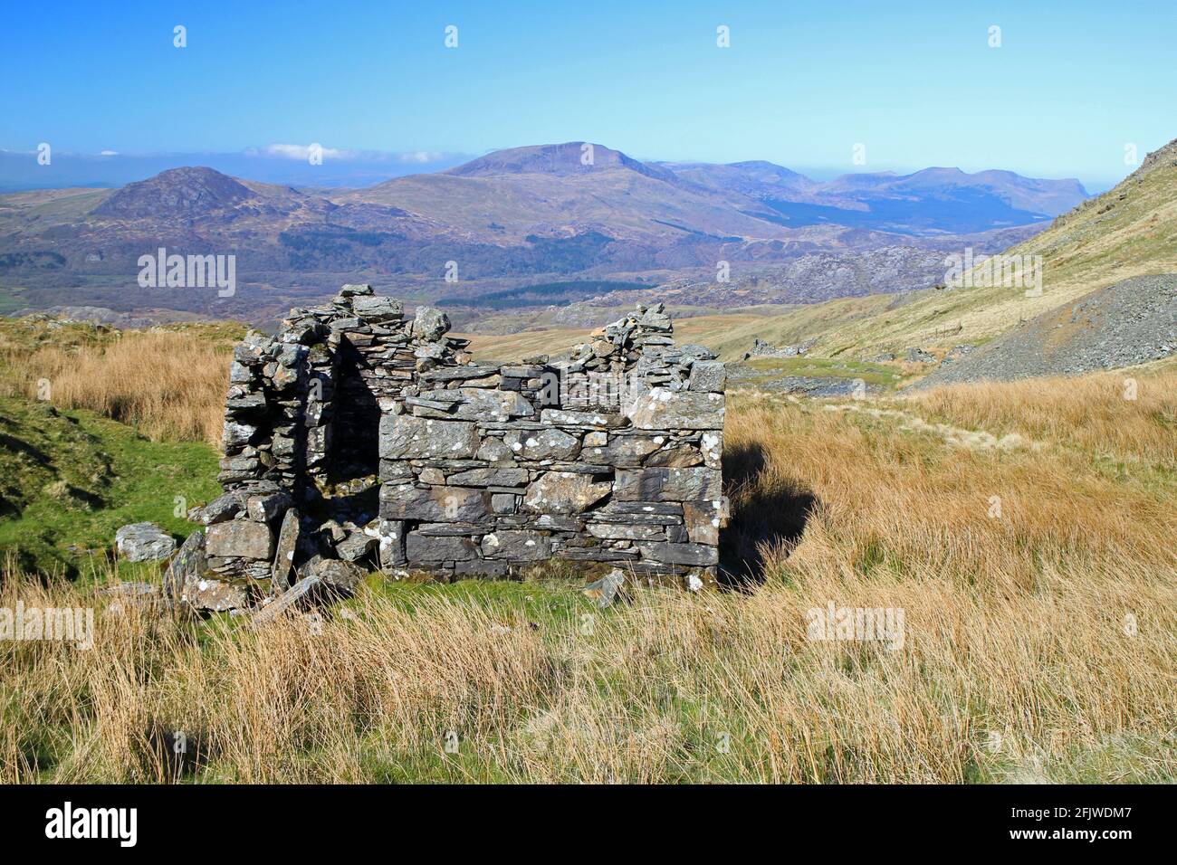Old stone slate quarry buildings on Moelwyn Mawr, Croesor, looking ...