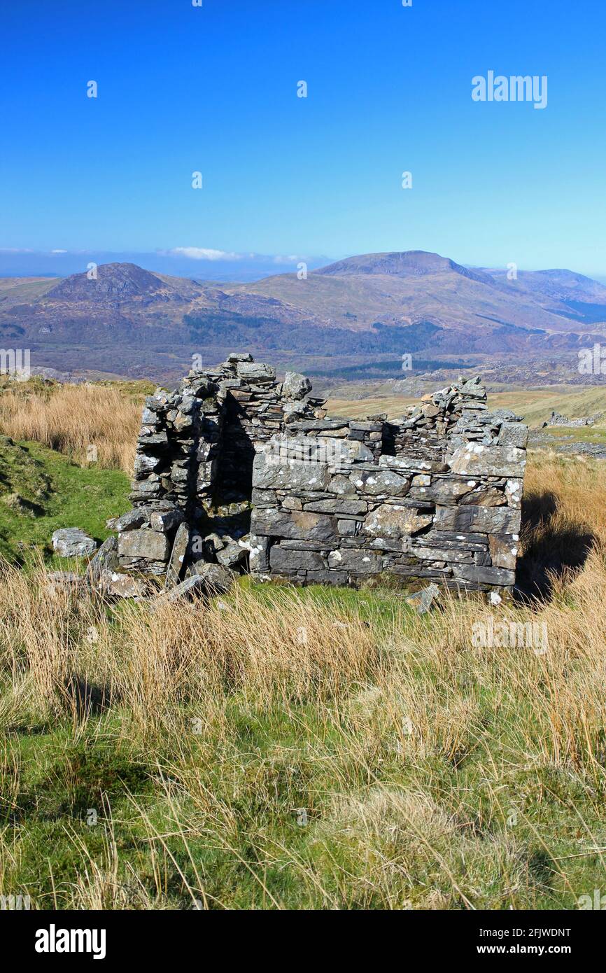 Old stone slate quarry building on Moelwyn Mawr, Croesor, looking ...