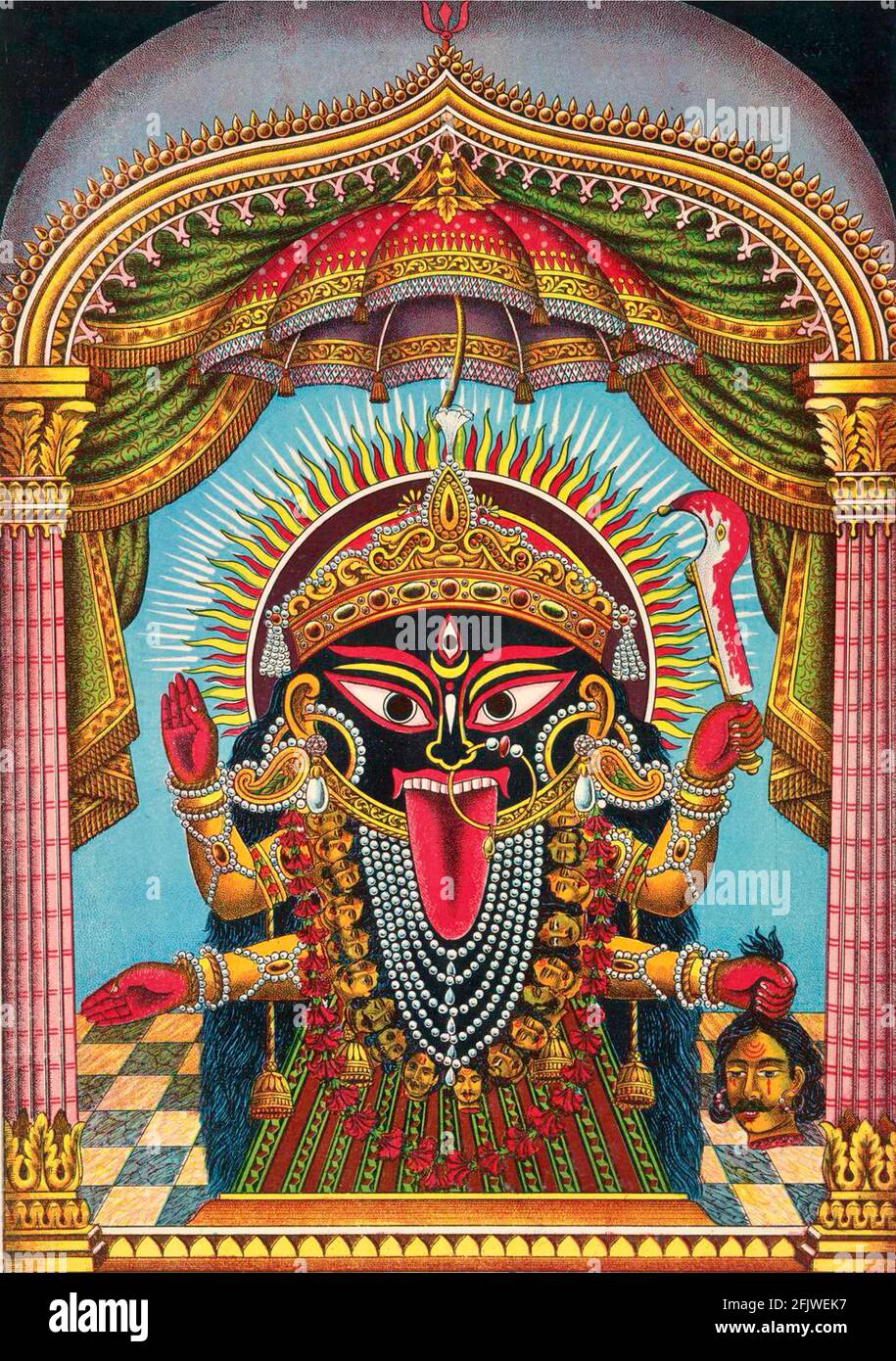 Kali, the 'Black One' wearing a necklace of skulls with her protuding ...