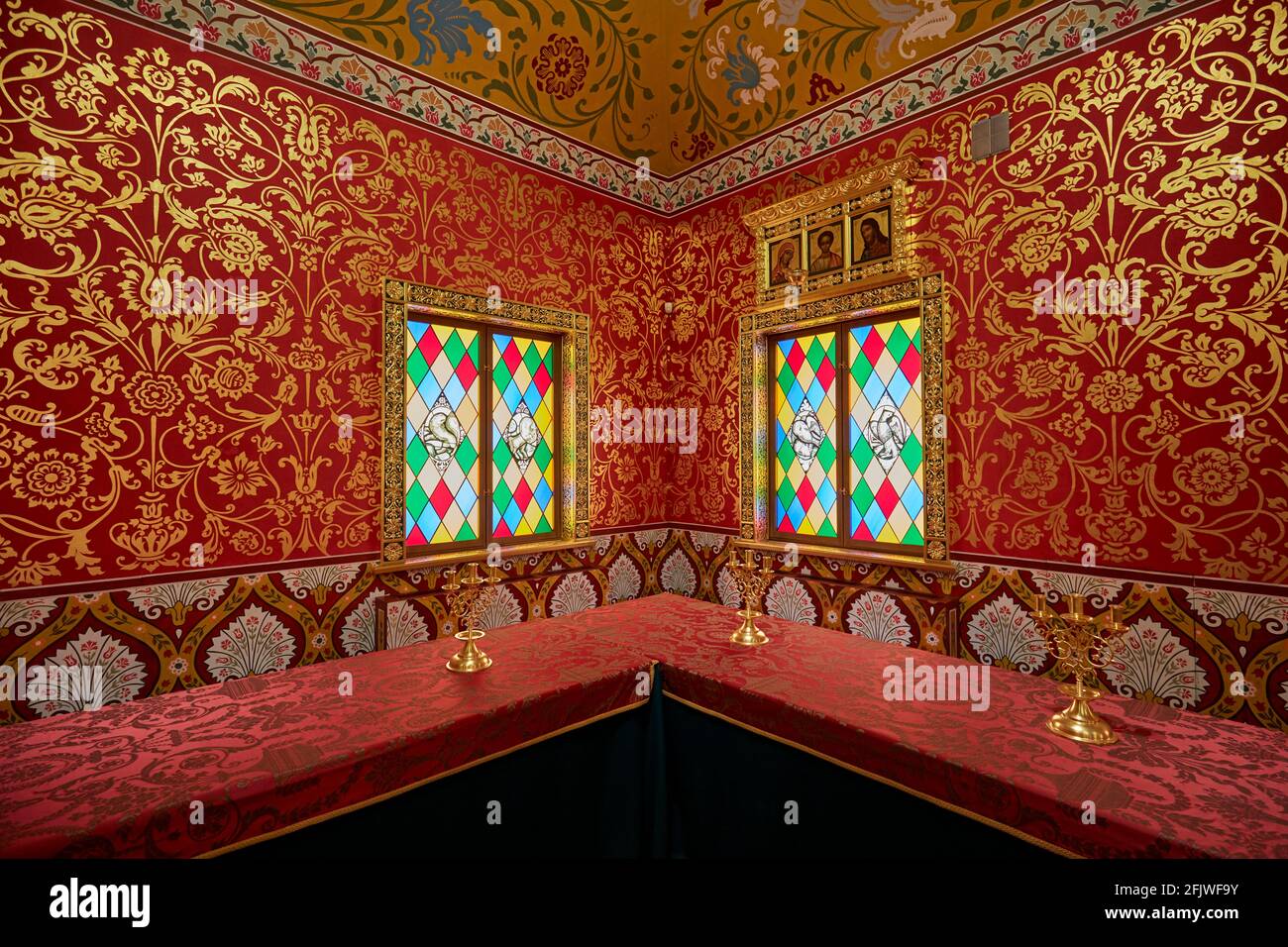 Interior view of richly decorated dining hall in the Wooden Palace of ...