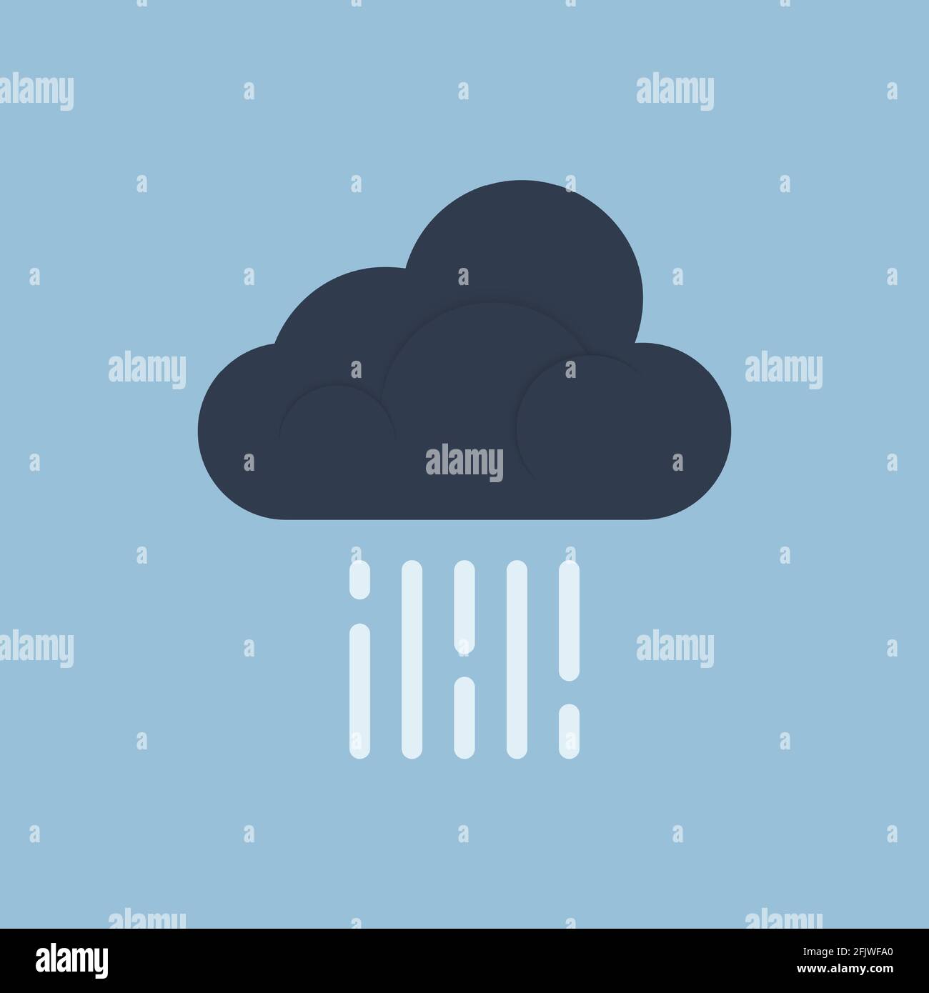 A dark cloud with vertical rain is isolated on a solid blue background ...