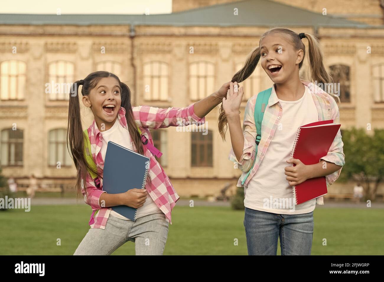 Happy schoolmates. School camp. Modern education. Teens with backpacks ...