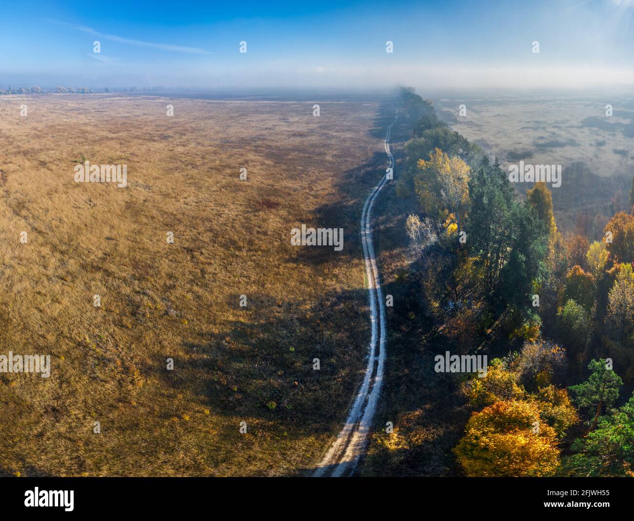 The road passing between autumn fields and forest belts. Aerial view ...