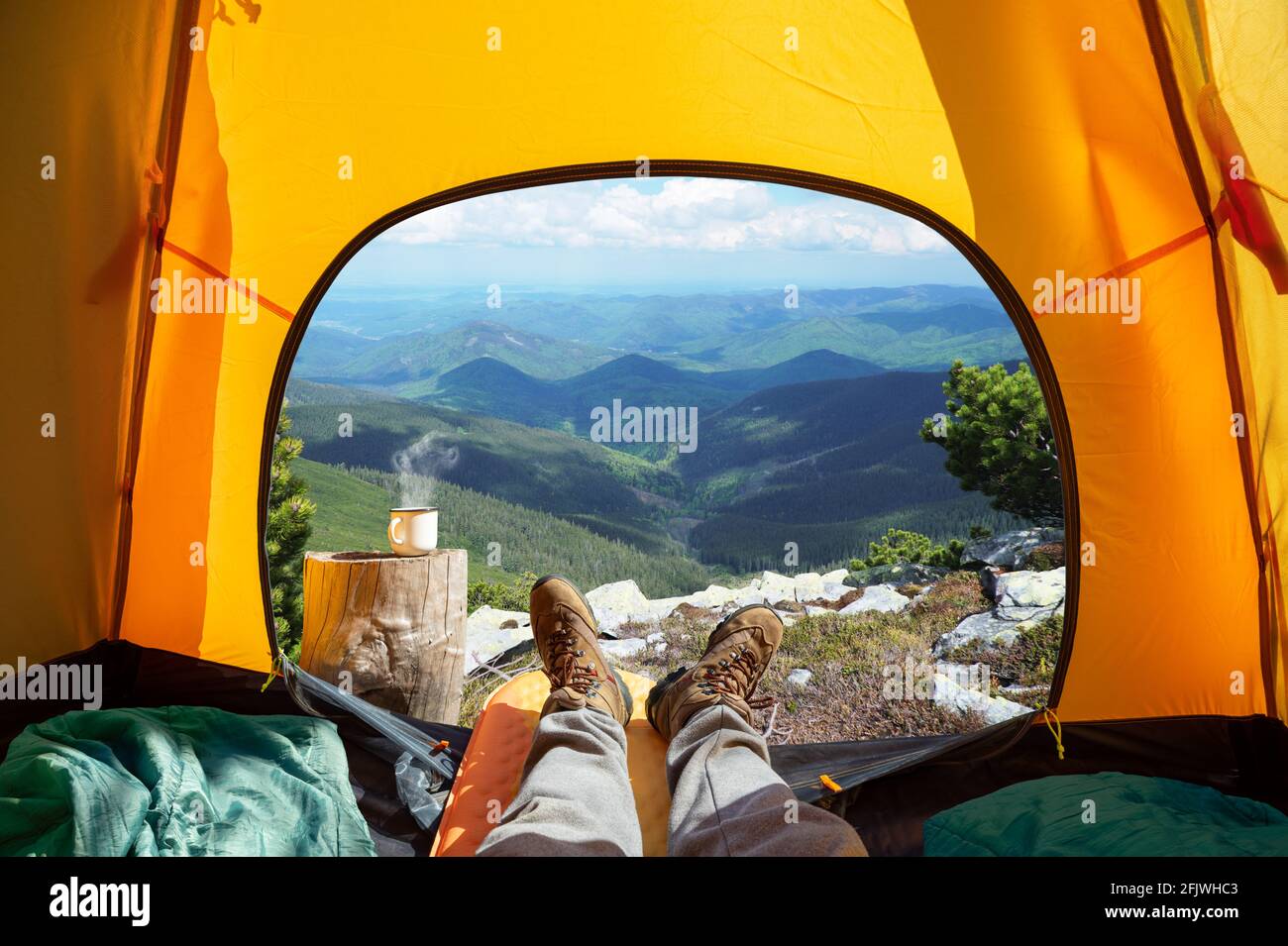 Spectacular view of nature from open tent entrance. The beauty of ...