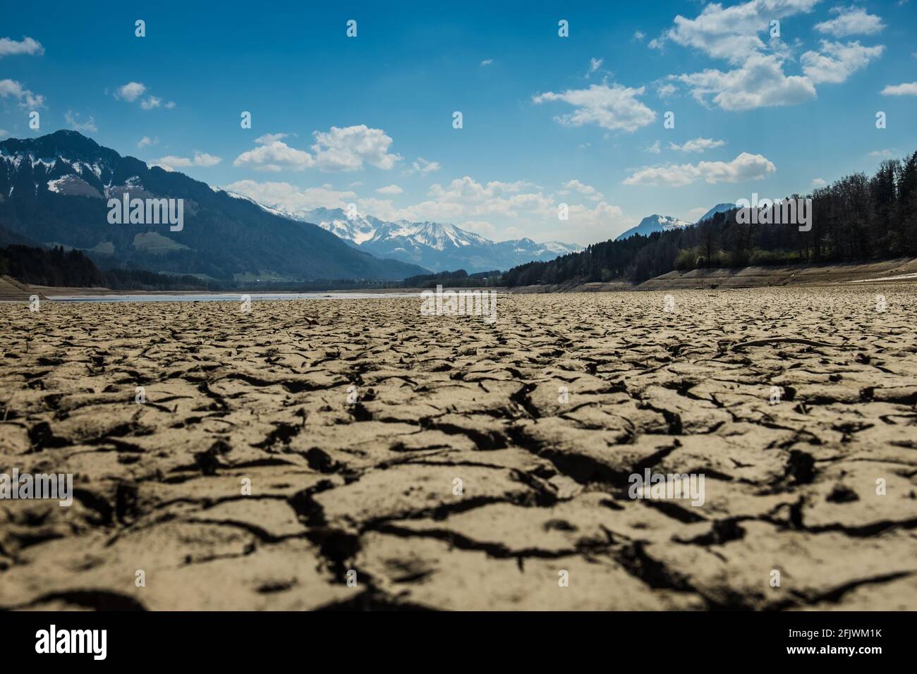 Landscape view of the dried-up "Lake of Gruyere", with snowy Alps in ...