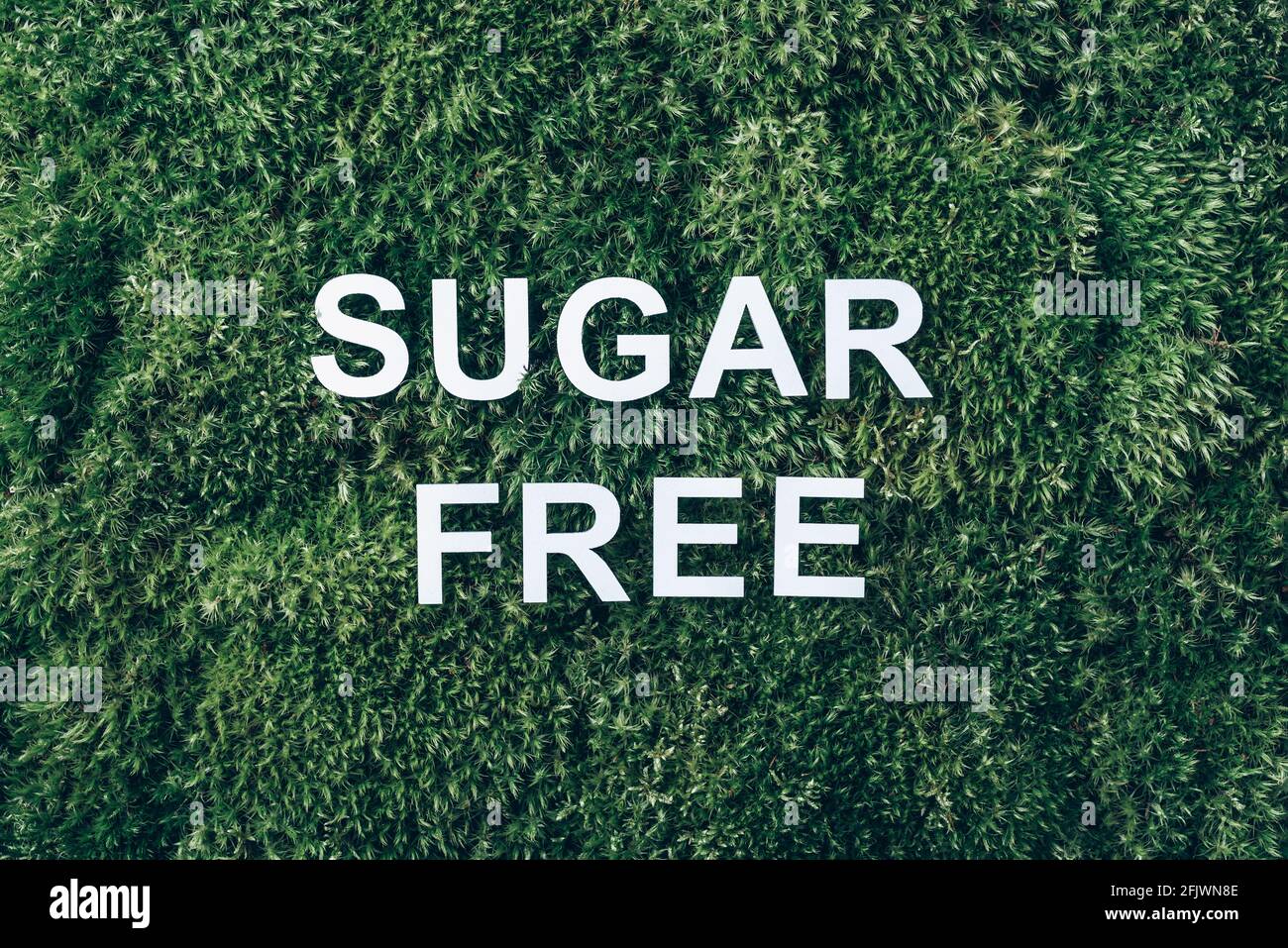Inscription Sugar Free on moss, green grass background. Top view. Copy ...