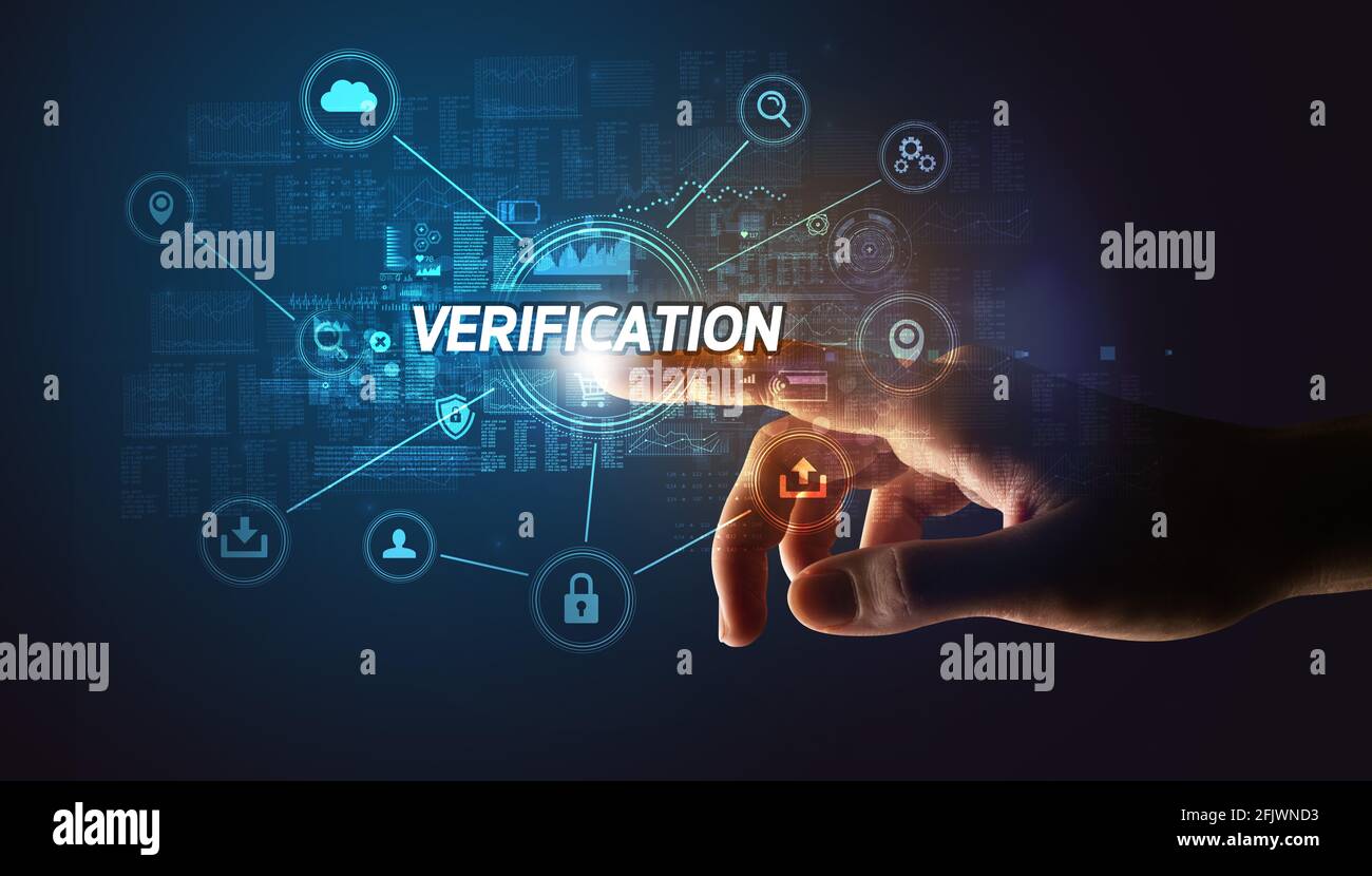 Hand touching cybersecurity button concept Stock Photo - Alamy