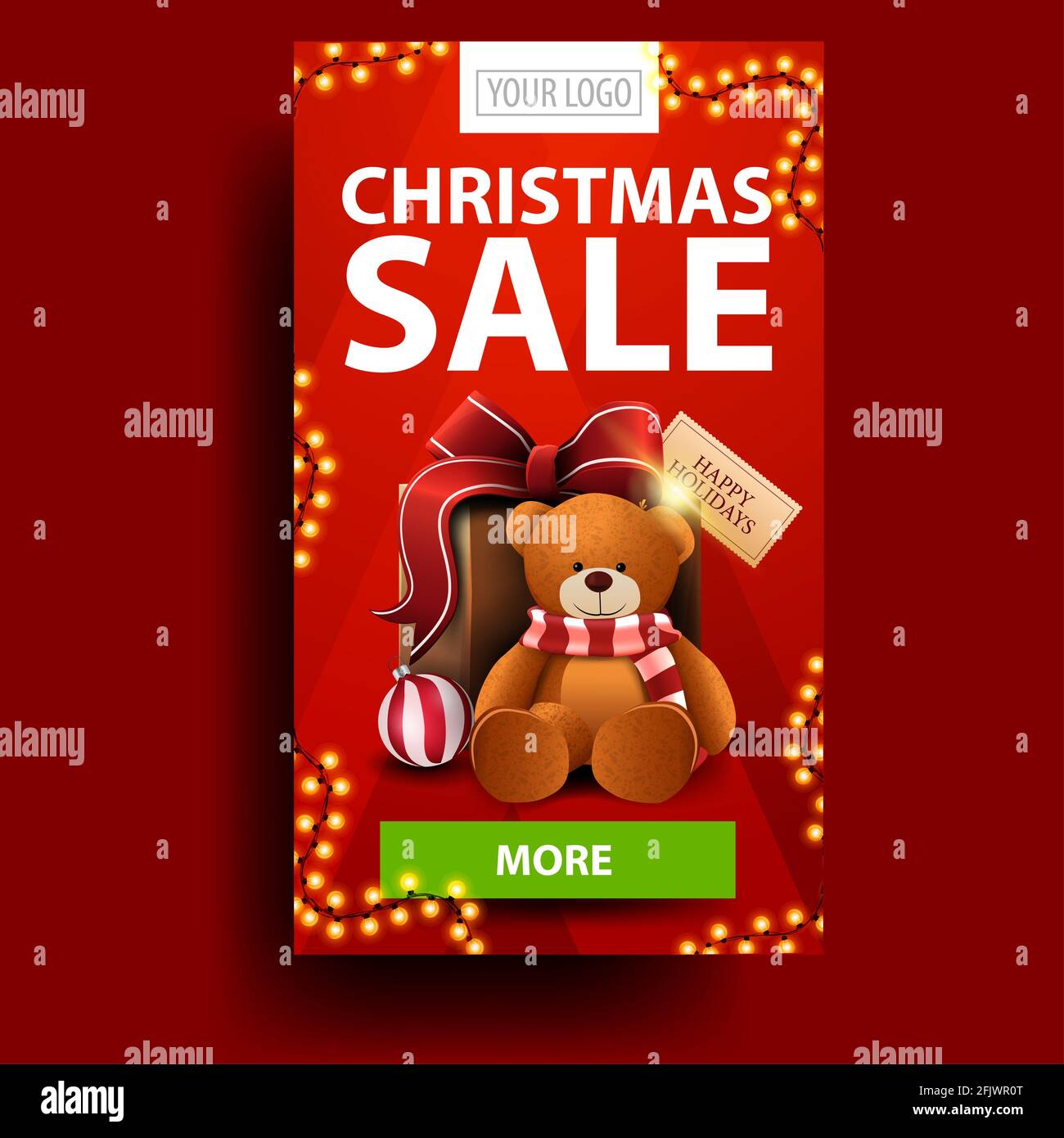 Christmas sale, red vertical discount banner with garland, green button ...
