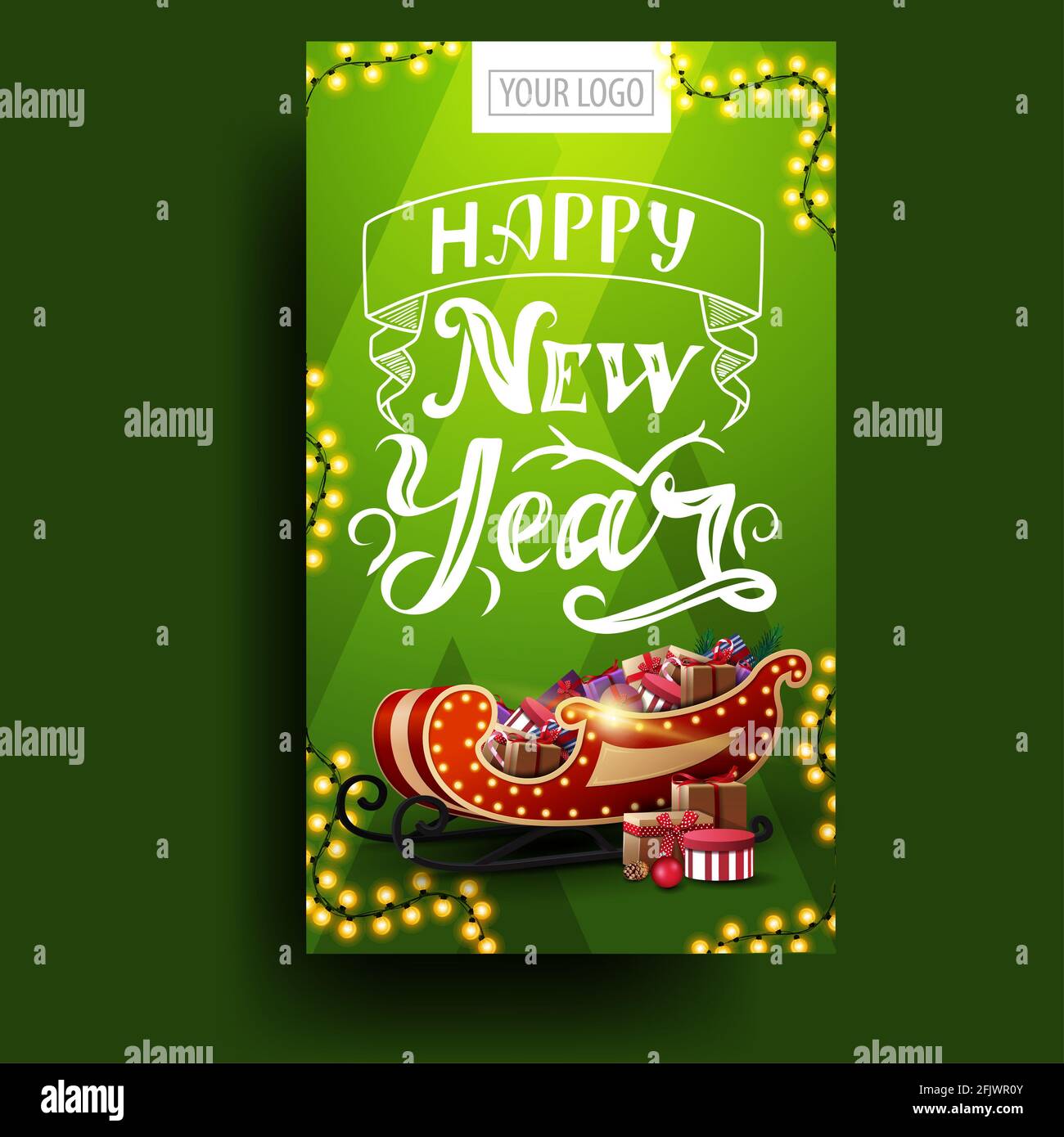 Happy New Year, vertical green postcard with garland, beautiful ...