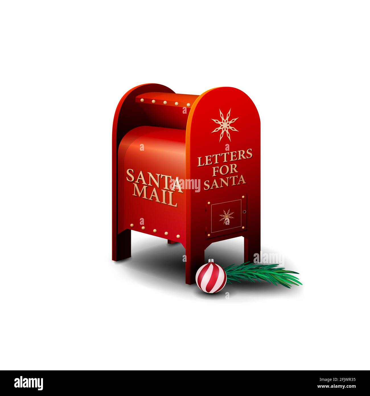Red Santa letterbox with Christmas tree btanch and ball isolated on ...