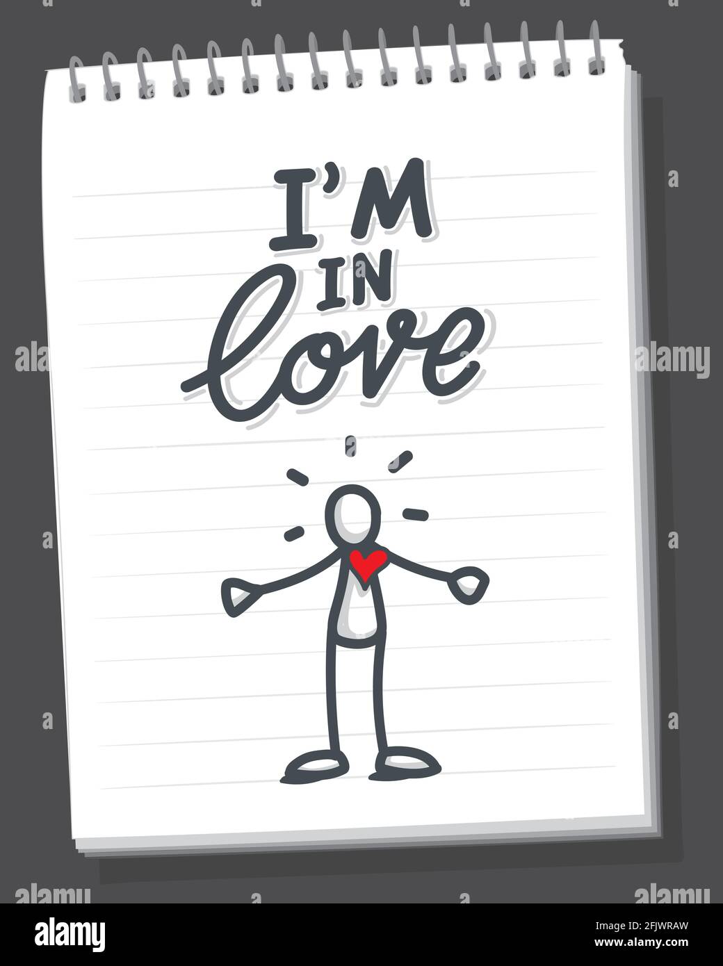 Stick figure with text i'm in love. Hand drawn figure with red heart ...