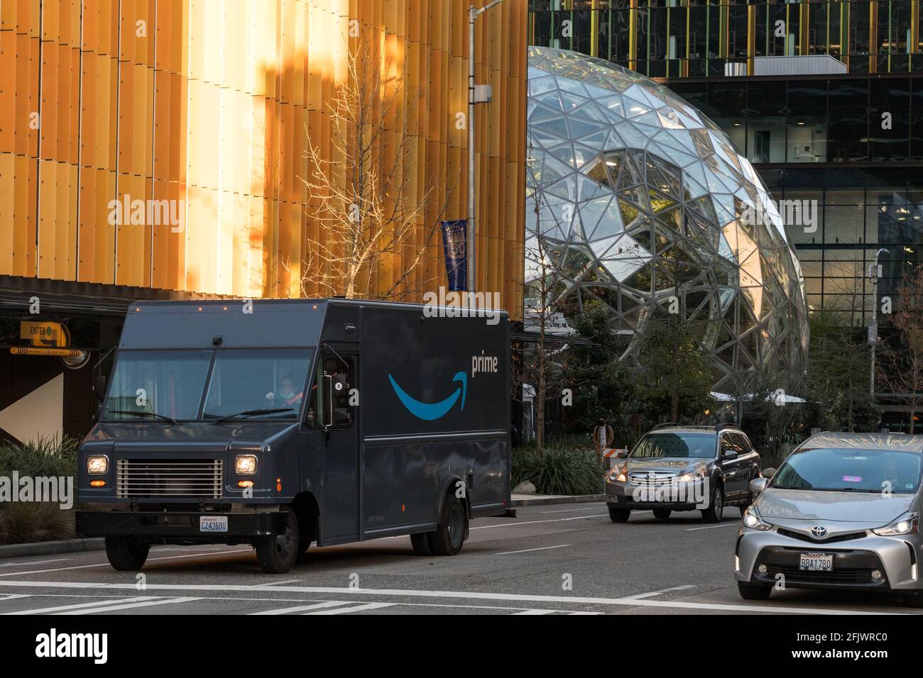 Seattle, USA. 5th Apr, 2021. An Amazon Prime truck passing the Amazon ...