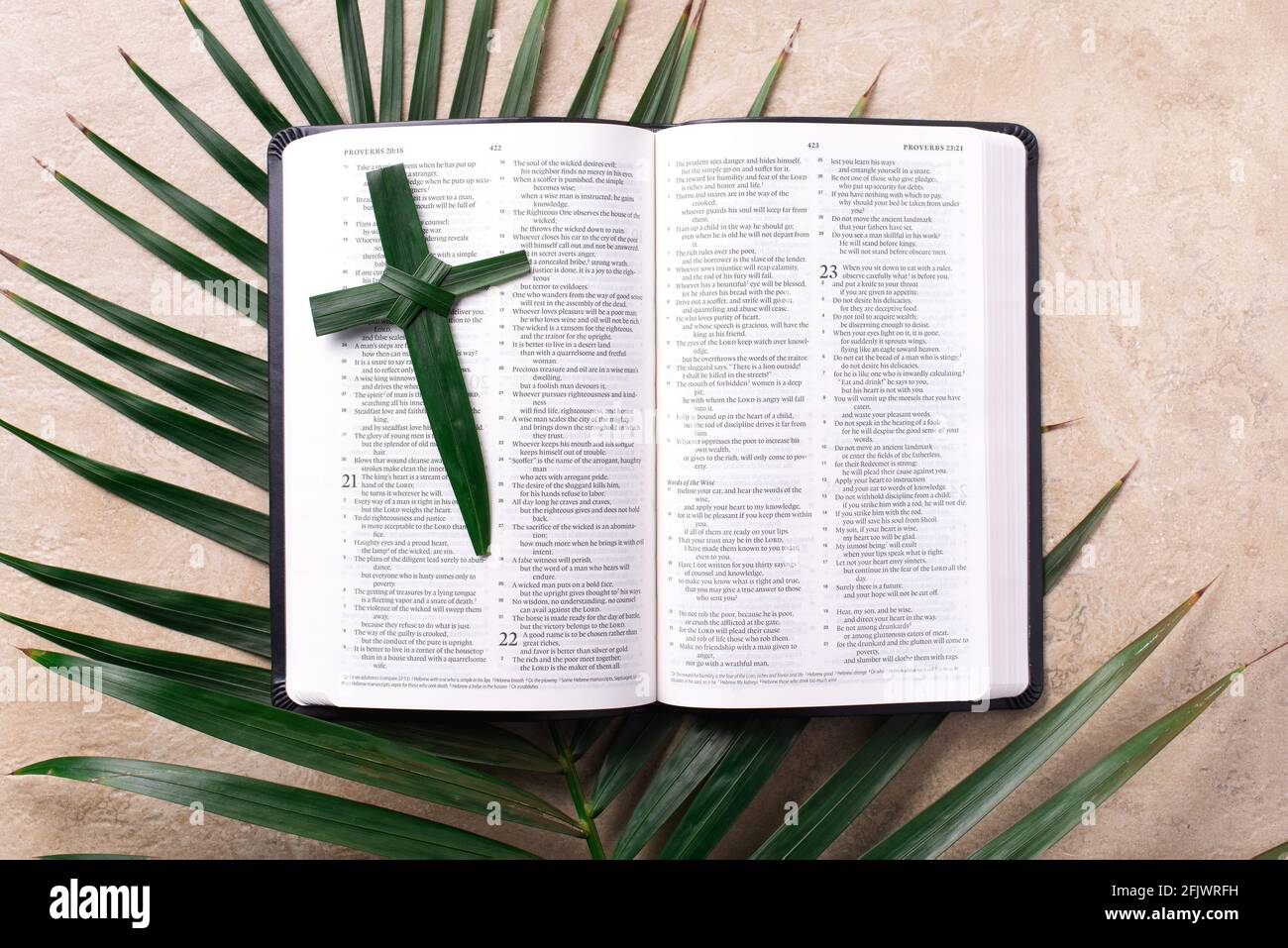 Palm Sunday concept. Palm cross on open Holy Bible and palm leaves ...