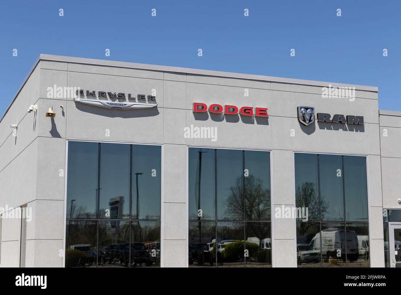 Indianapolis - Circa April 2021: Chrysler, Dodge, and Ram logos. The ...