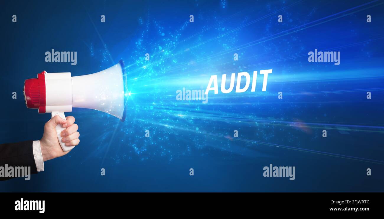 Young person shouting in loudspeaker Stock Photo - Alamy