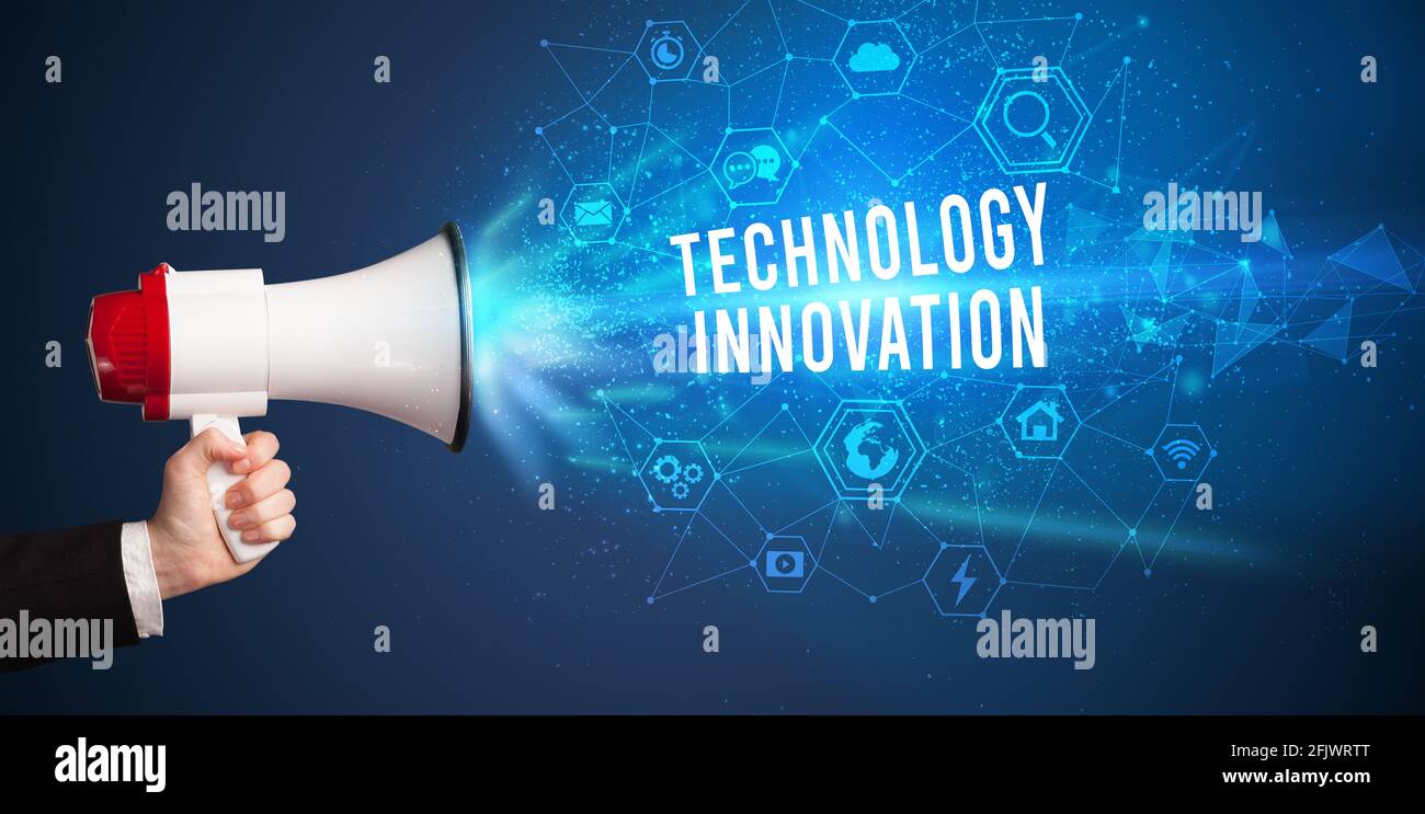 Young woman shouting in megaphone, technology announcement concept ...