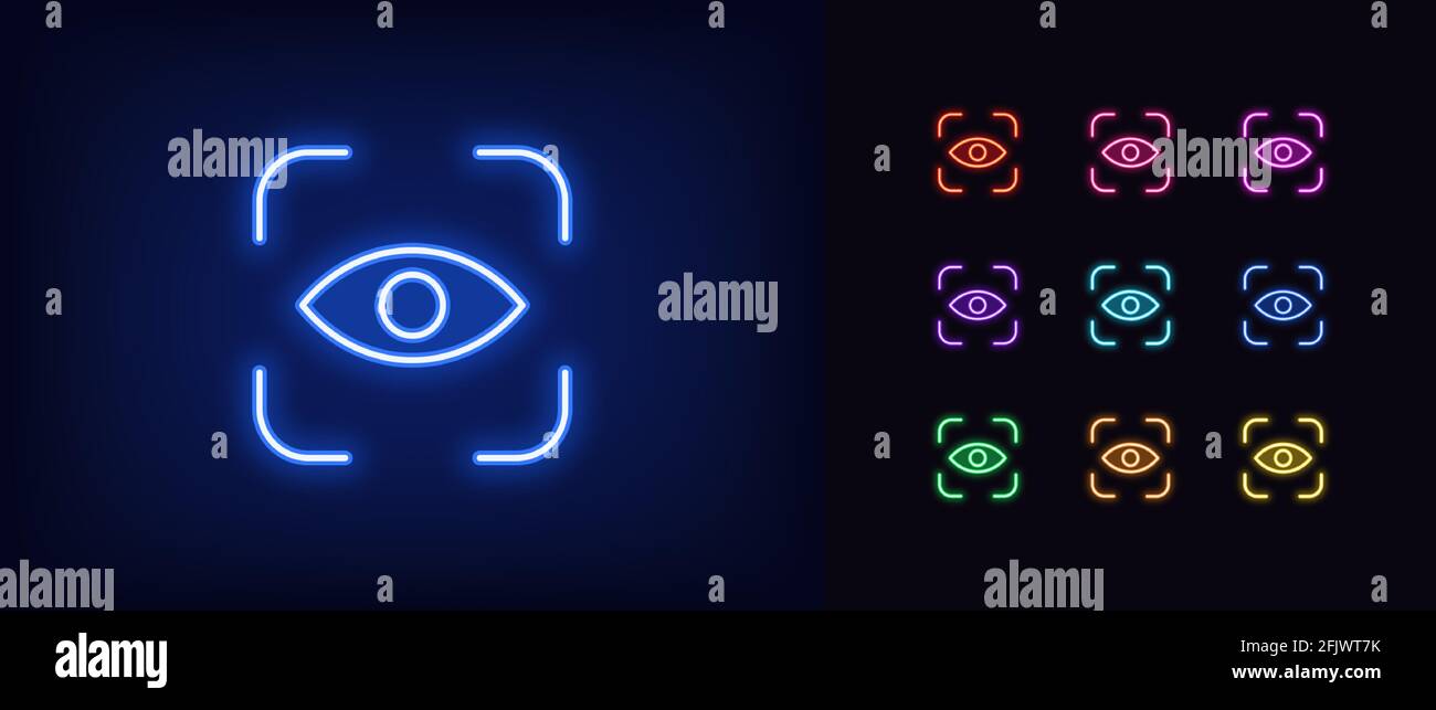 Neon eye identify icon. Glowing neon eye scanner sign, outline iris ...