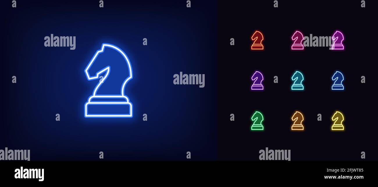 Neon chessmen knight icon. Glowing neon horse sign, outline chess piece ...