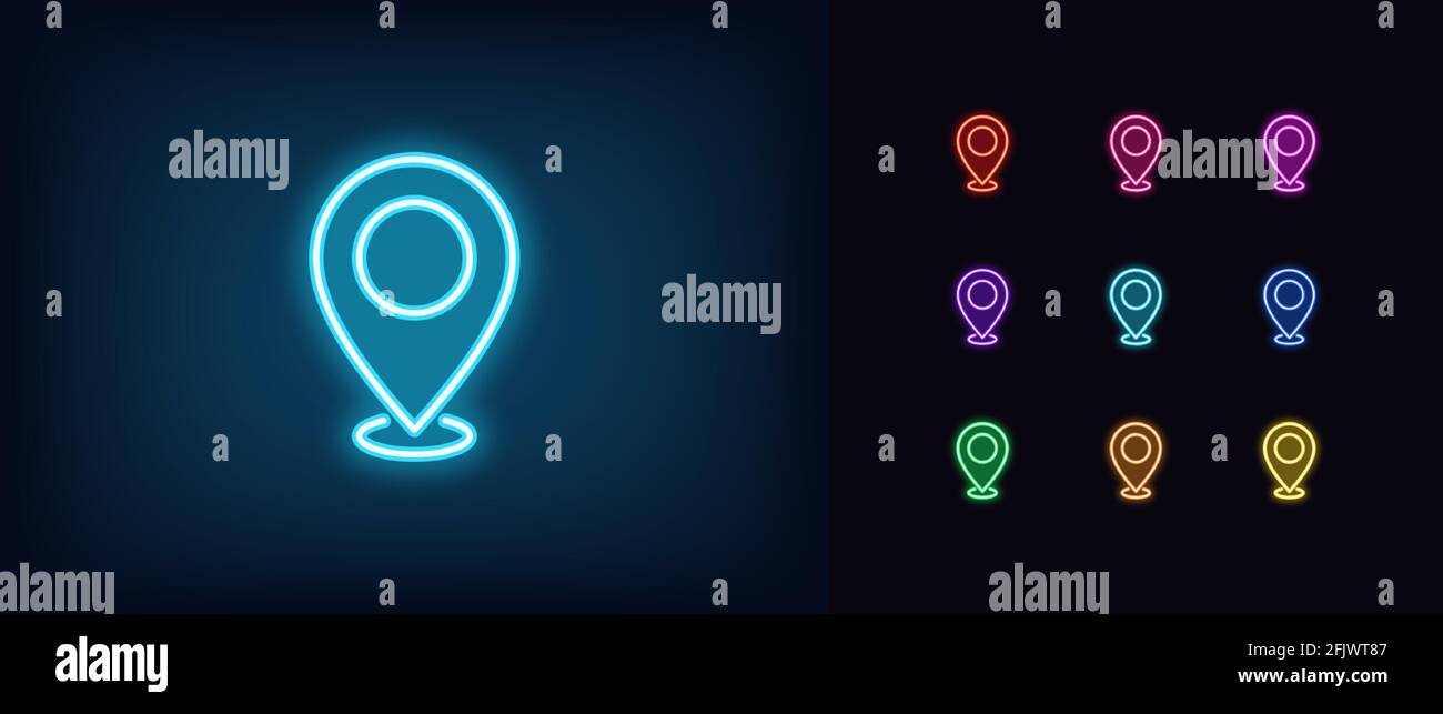 Neon map pin icon. Glowing neon marker sign, outline pointer pictogram ... Neon map pin icon. Glowing neon marker sign, outline pointer pictogram ...
