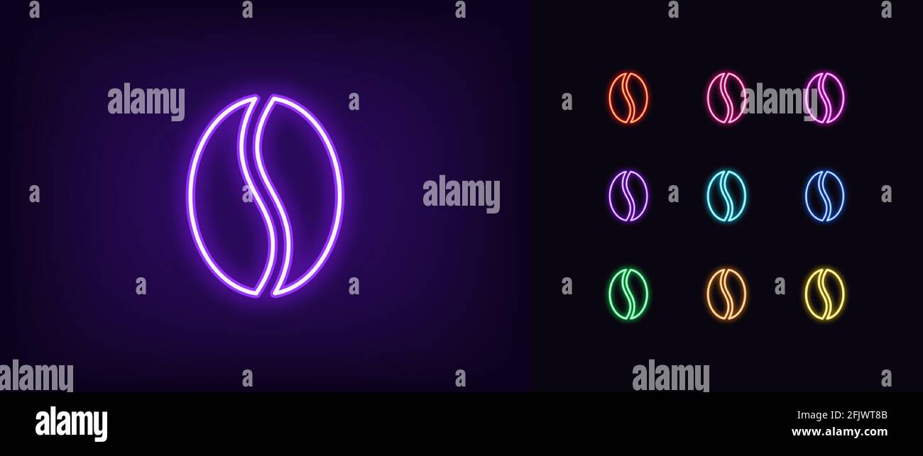 Neon coffee bean icon. Glowing neon coffee seed sign, outline ...