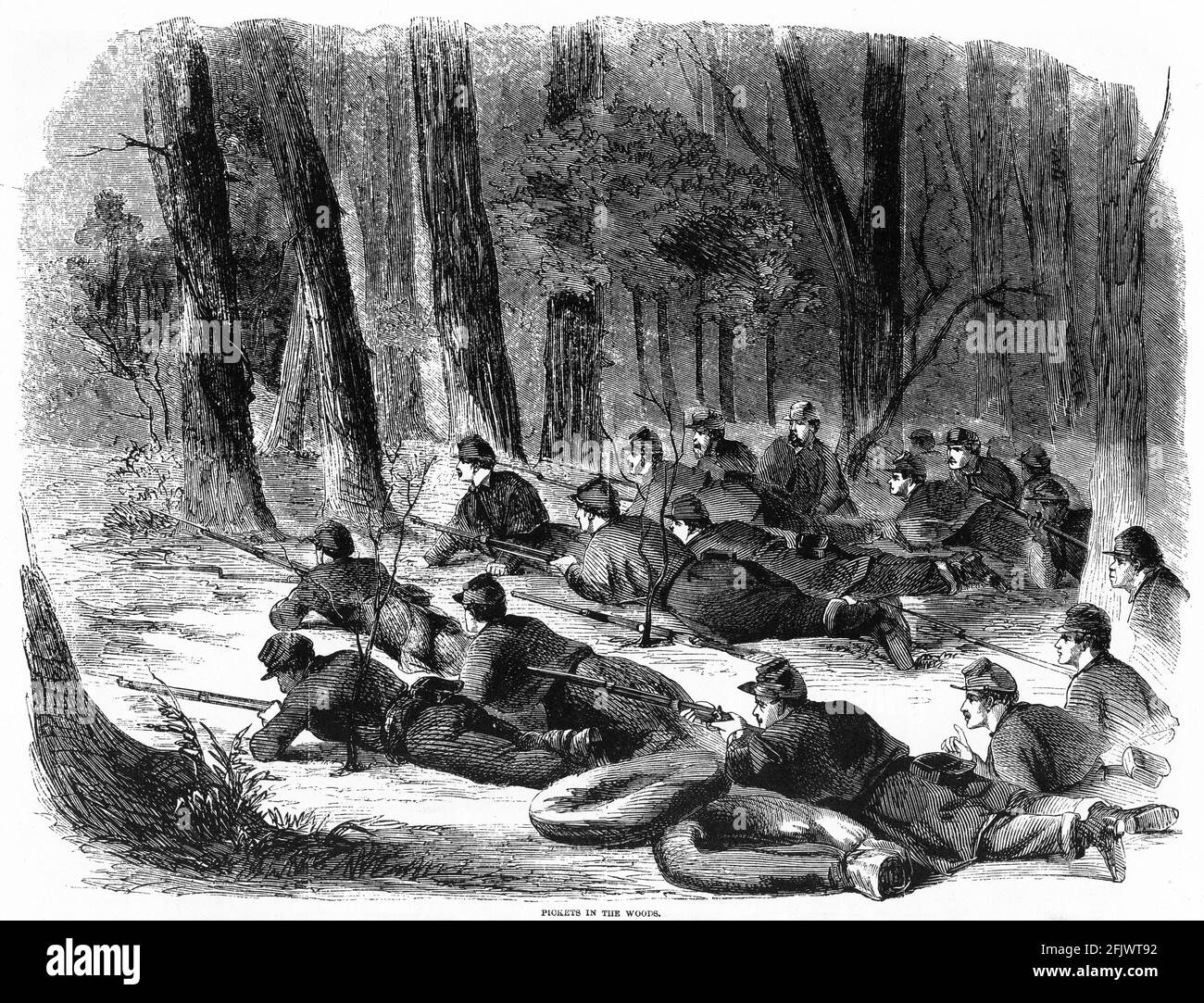 Engraving of Union soldiers setting an ambush during the American civil ...