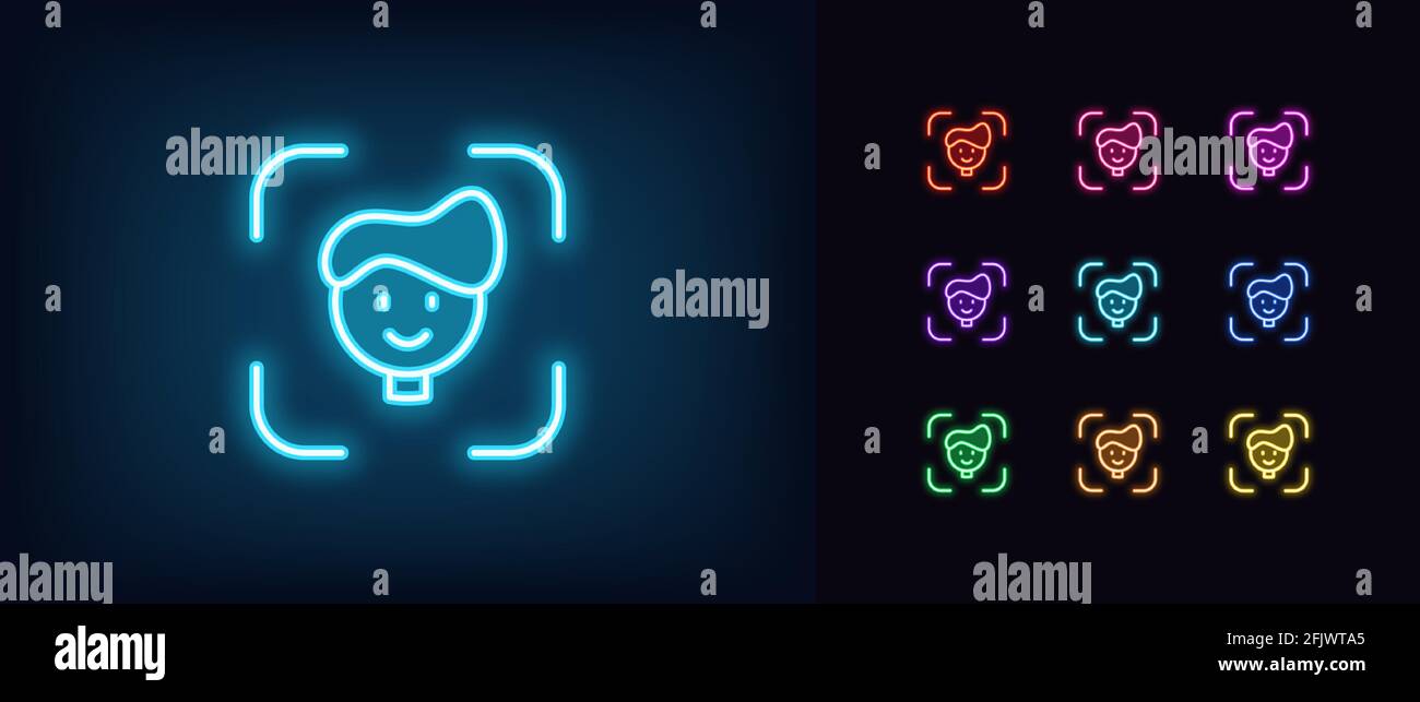 Neon face recognition icon. Glowing neon facial scanner sign, outline ...