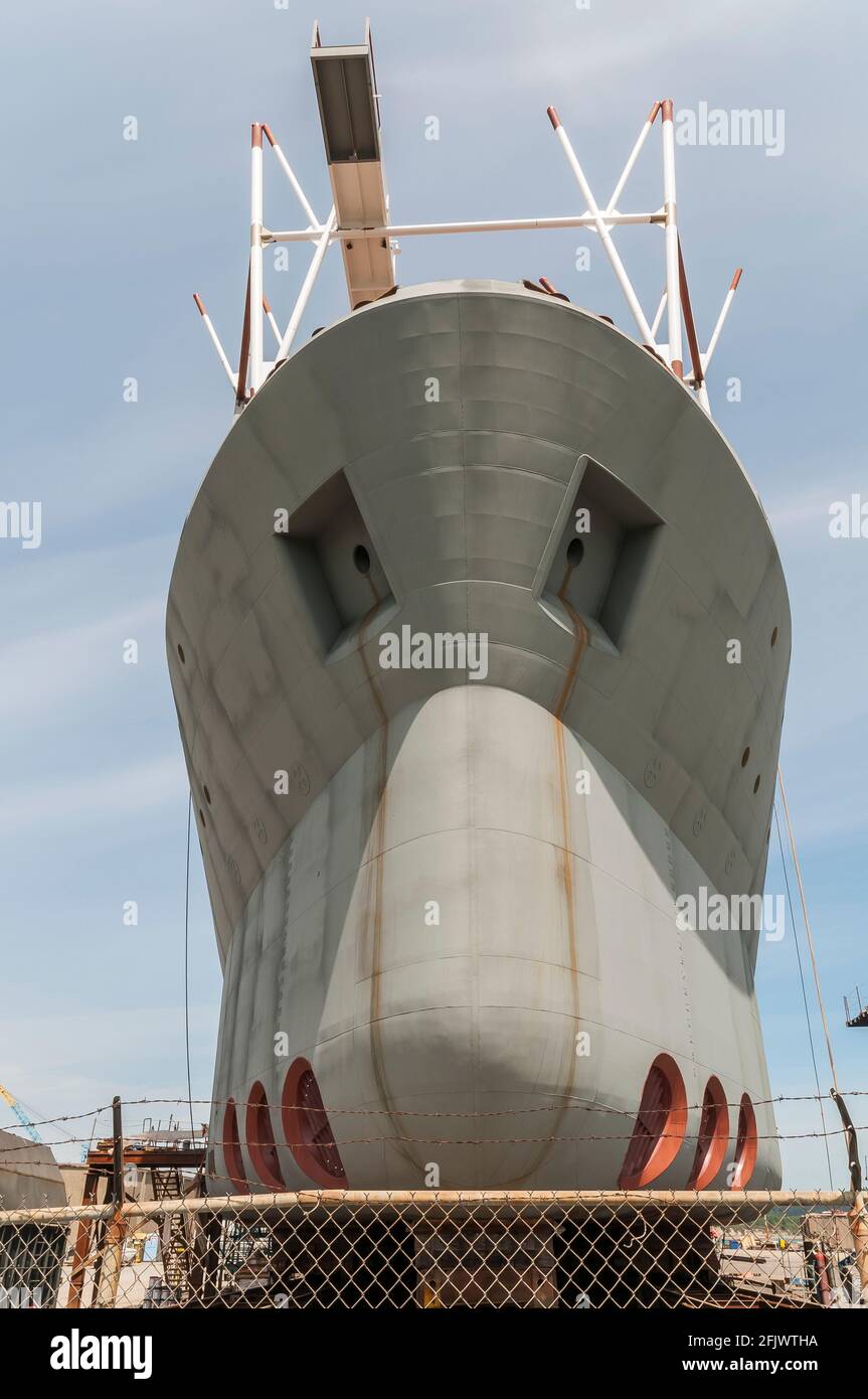 View of the bow of a large ocean-going ship in dry dock in Anacortes ...