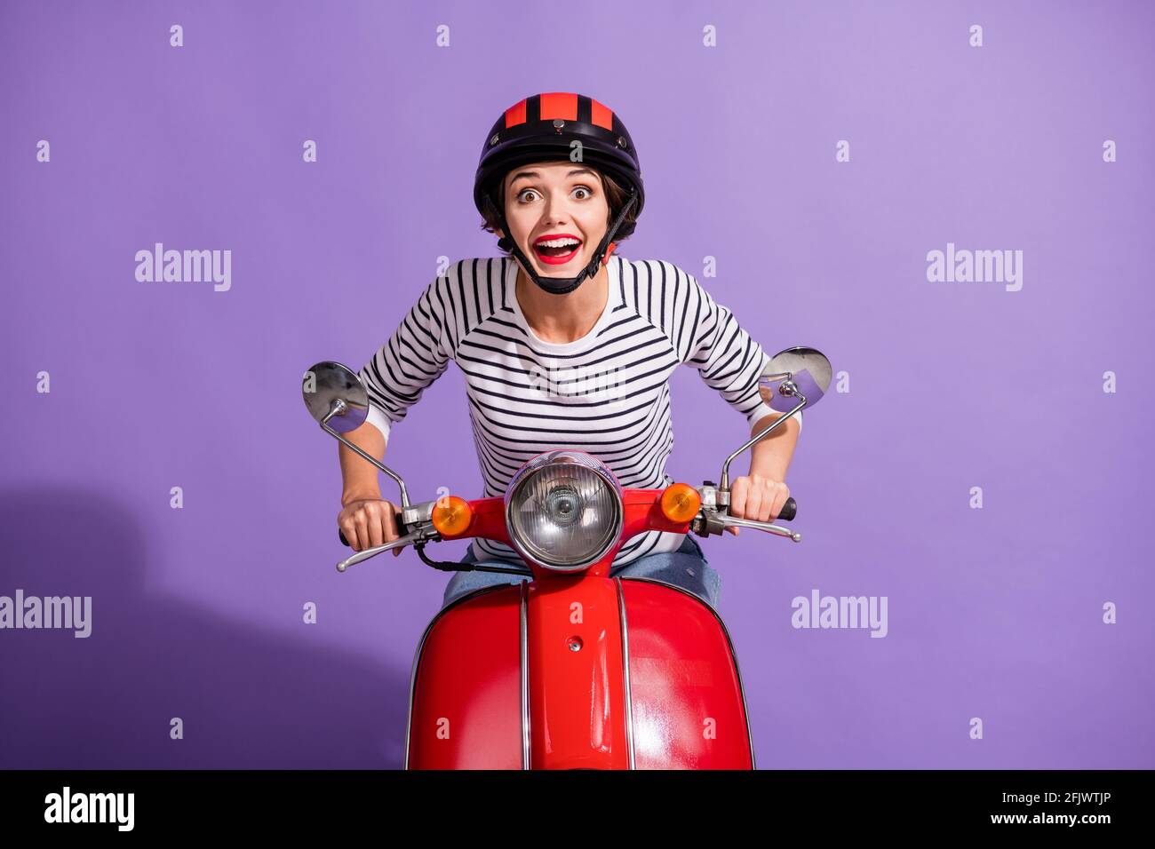 Photo of excited crazy girl ride retro moped surprised look camera wear ...