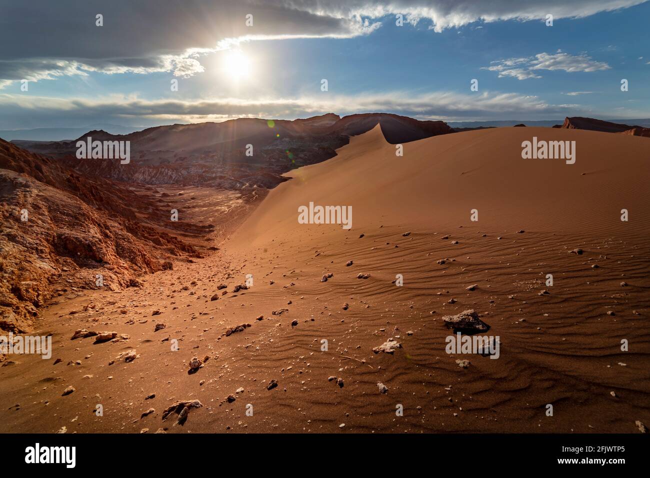 Moon Valley, Valle de la Luna, at sunset, in Atacama desert, Chile, South America Stock Photo ...