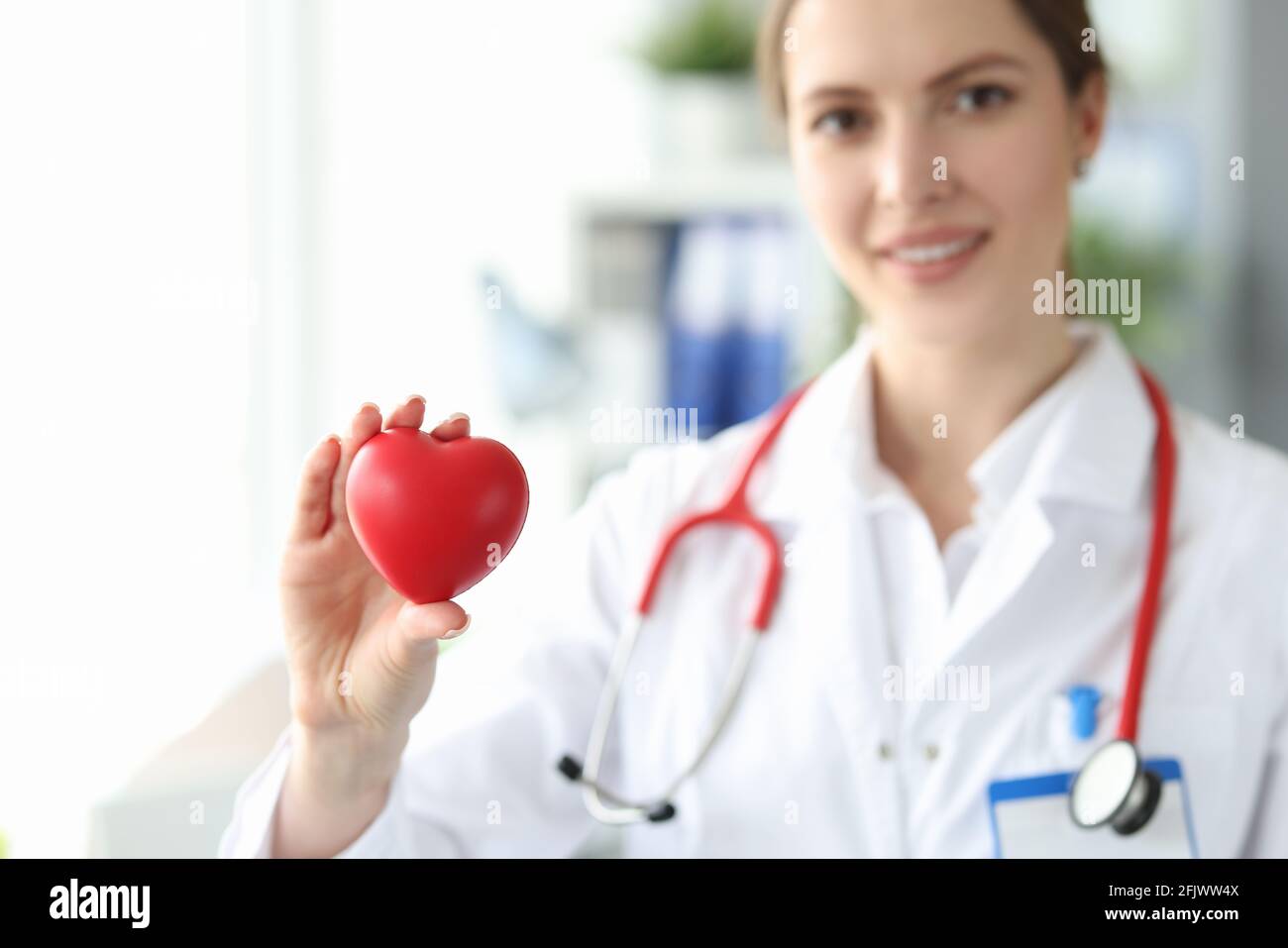 Woman cardiologist holds small red heart in her hand Stock Photo - Alamy