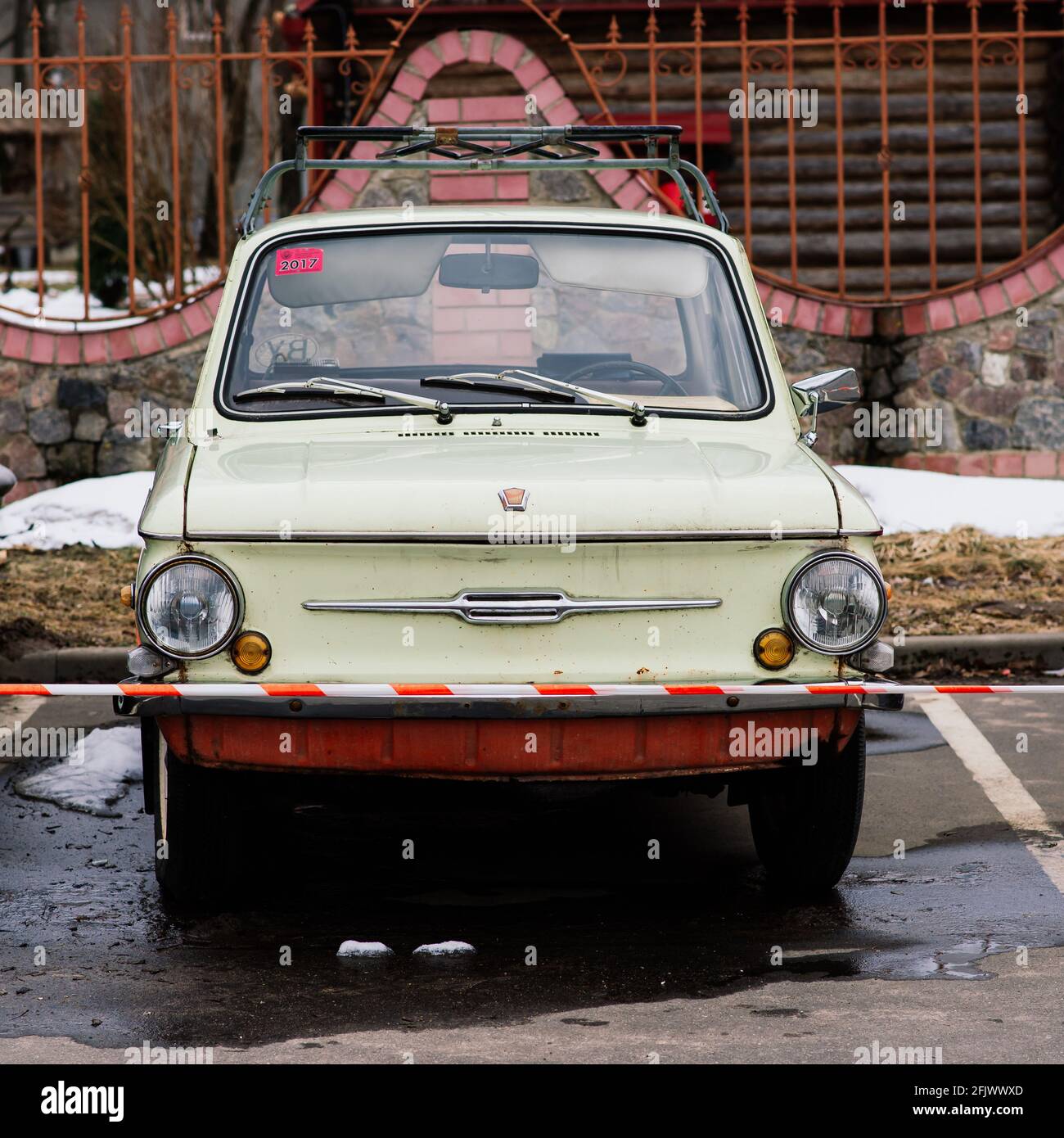 Old Soviet retro vintage car in open air. Row of auto of the Soviet era ...