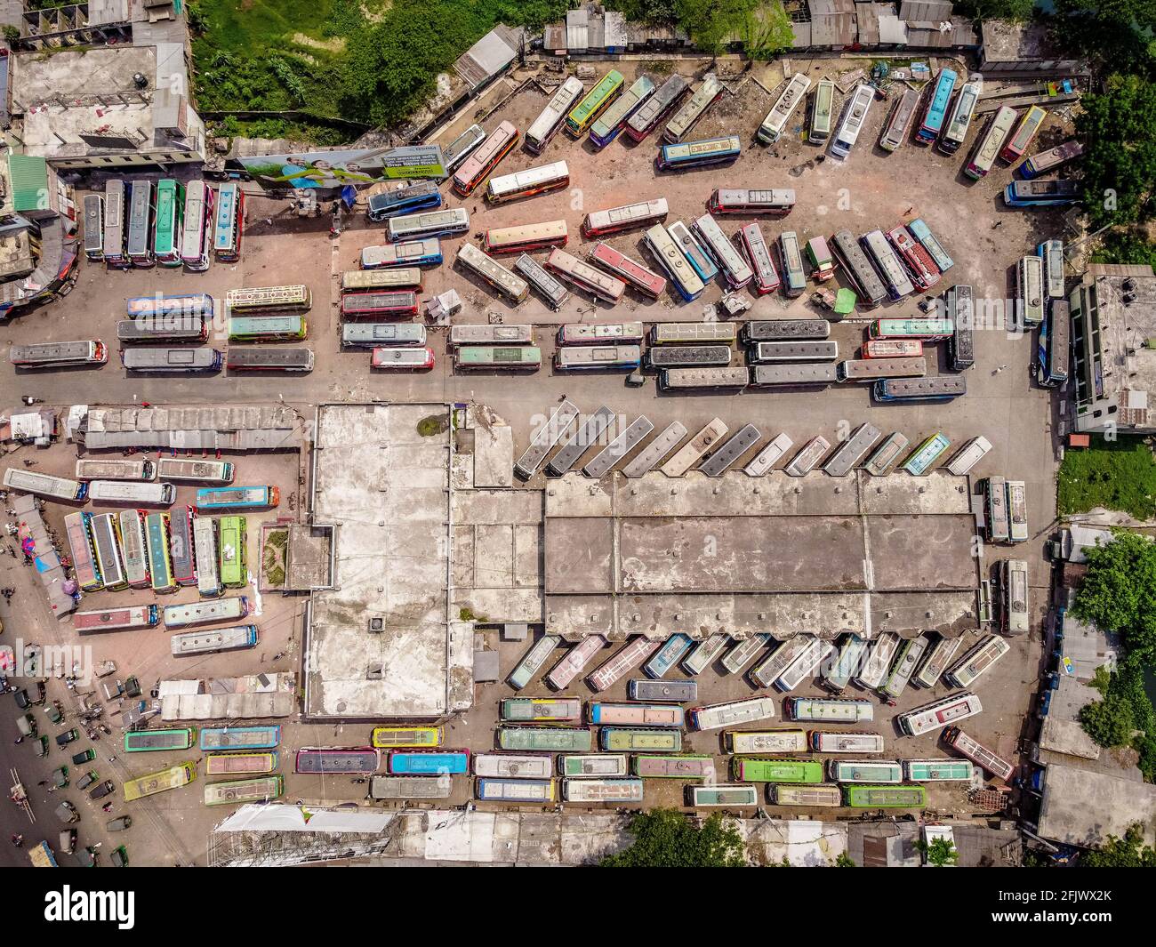 An aerial view of buses line up at the Barishal Central Bus Stand, one ...