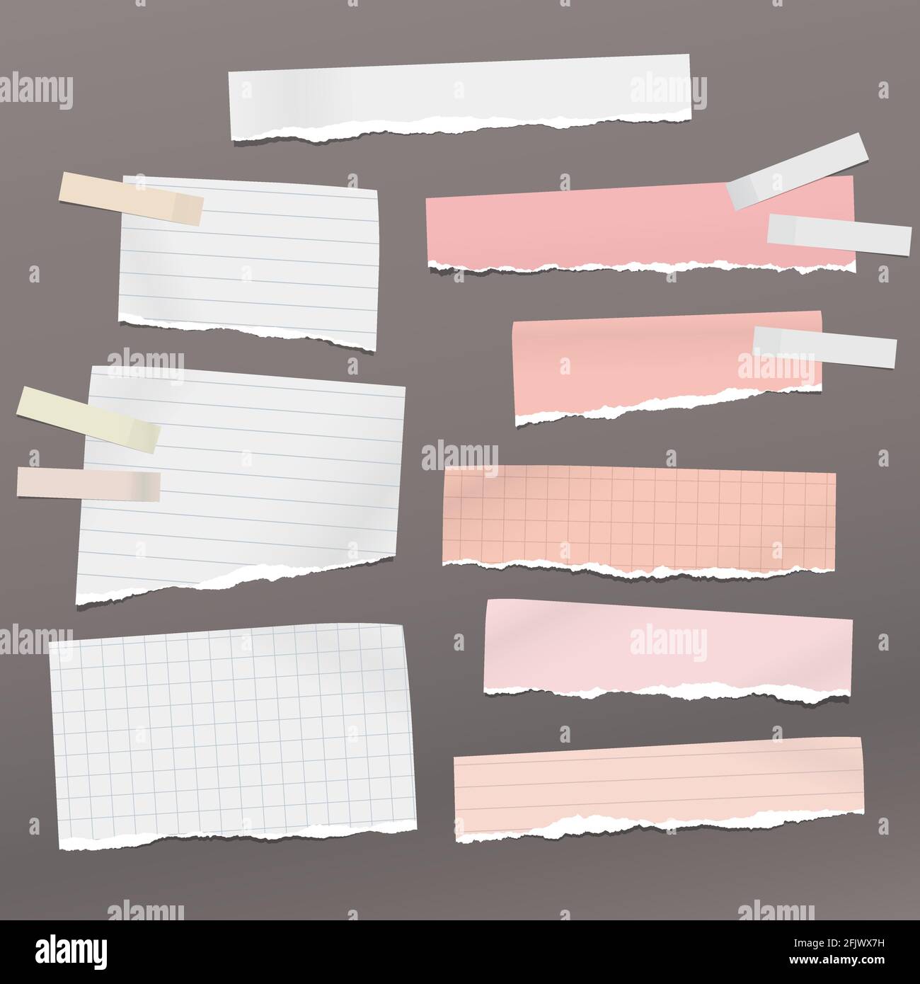 Set of torn pink, white note, notebook paper pieces with sticky tape ...