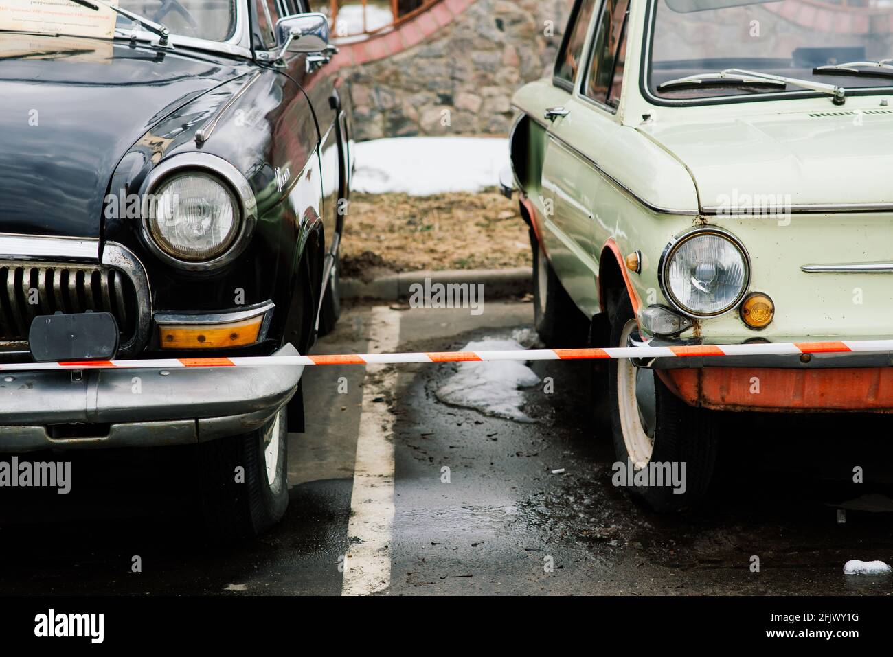 Old Soviet retro vintage car in open air. Row of auto of the Soviet era ...