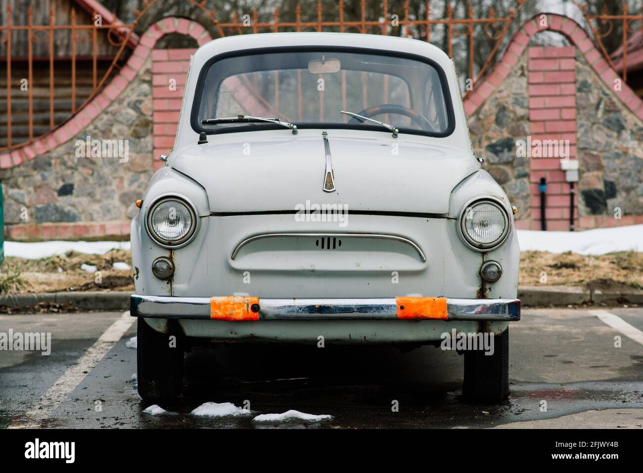 Old Soviet retro vintage car in open air. Row of auto of the Soviet era ...
