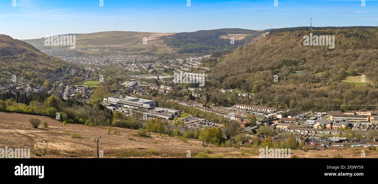 Llwynypia, Rhondda Valley, Wales - April 2021: Panoramic view of the ...
