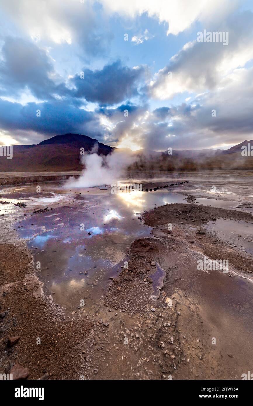 View of El Tatio geysers at sunrise , near San Pedro de Atacama, Chile ...