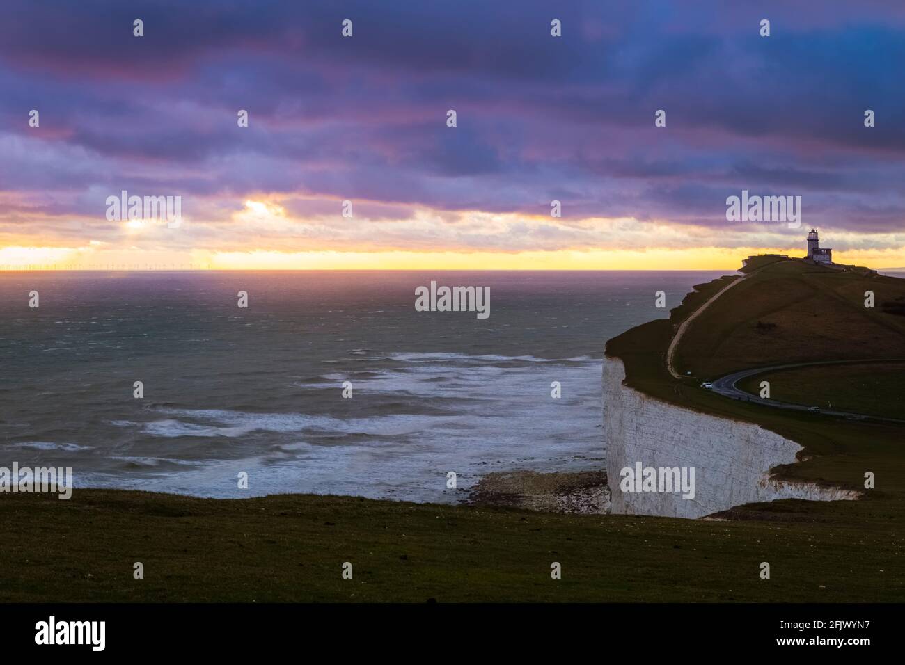 View of the Belle Tout lighthouse at sunset. Beachy Head, Eastbourne ...