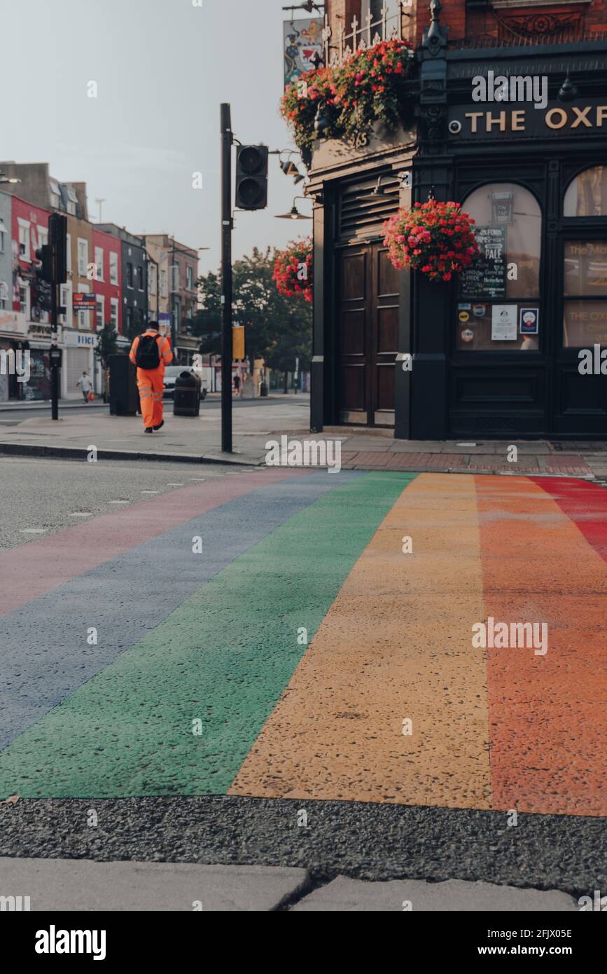 London, UK - August 12, 2020: Rainbow pedestrian crossing on Jamestown ...