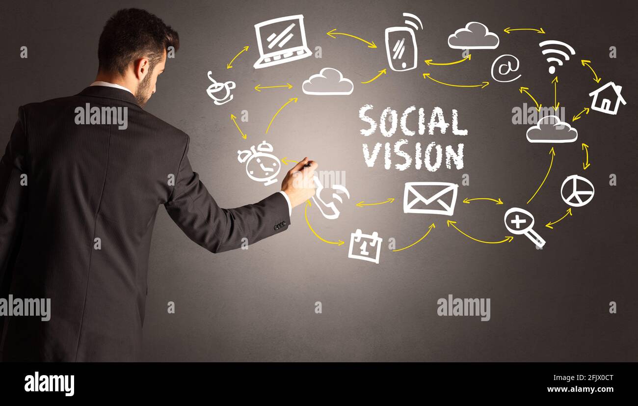 businessman drawing social media icons Stock Photo - Alamy