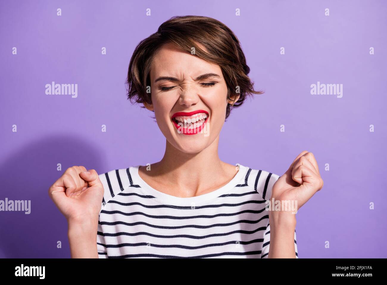 Portrait Of Funky Sweet Short Brunette Hairdo Girl Yelling Hands Fists