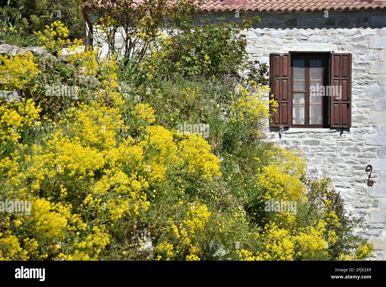 Rural house facade with a stone wall, wooden shutters and a clay tile ...