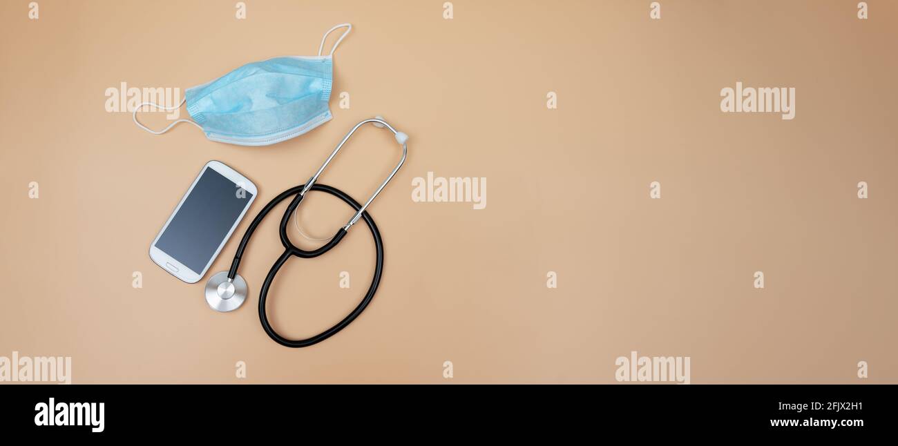 Online Doctor appointment concept background with aspiratory mask ...