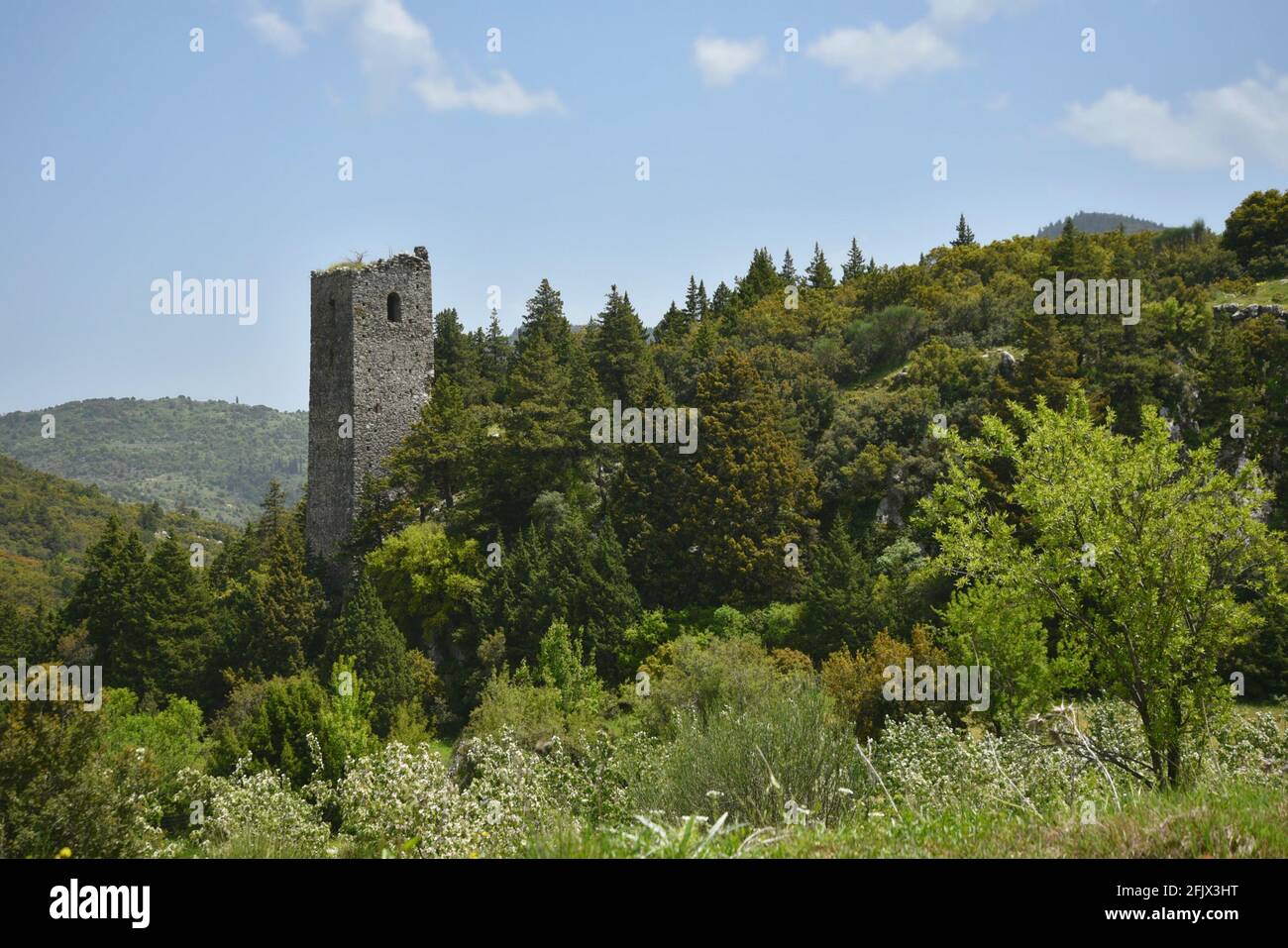 Ancient Medieval Castle stone ruins on the mountains of Palaiochori, a ...