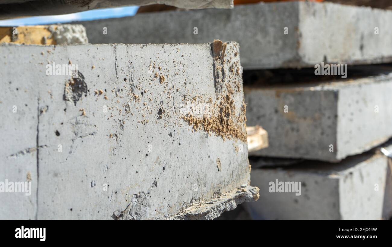 Close-up corner view of reinforced concrete slabs. Construction and ...